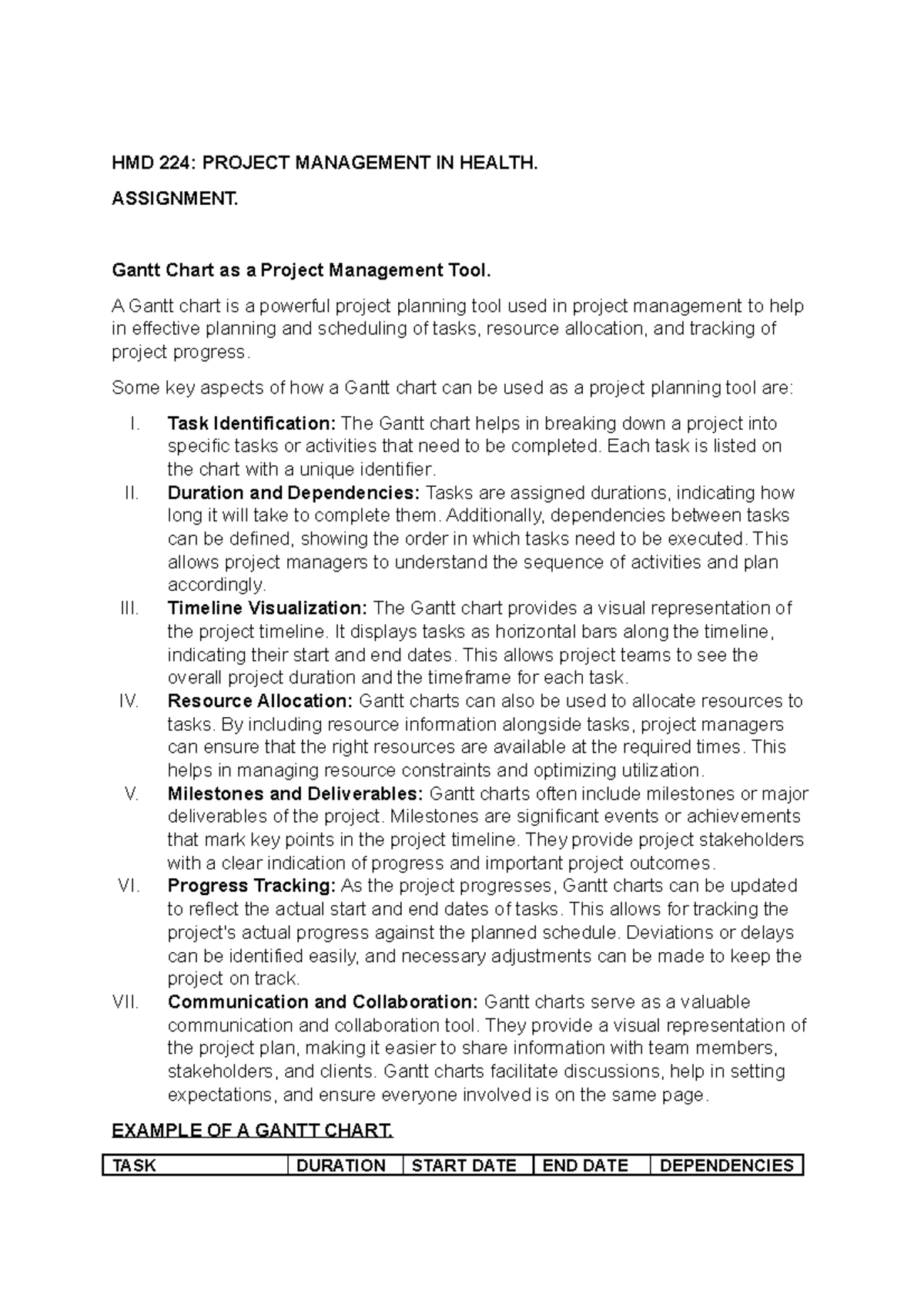 Project Management Assignment - Health Systems Management and ...