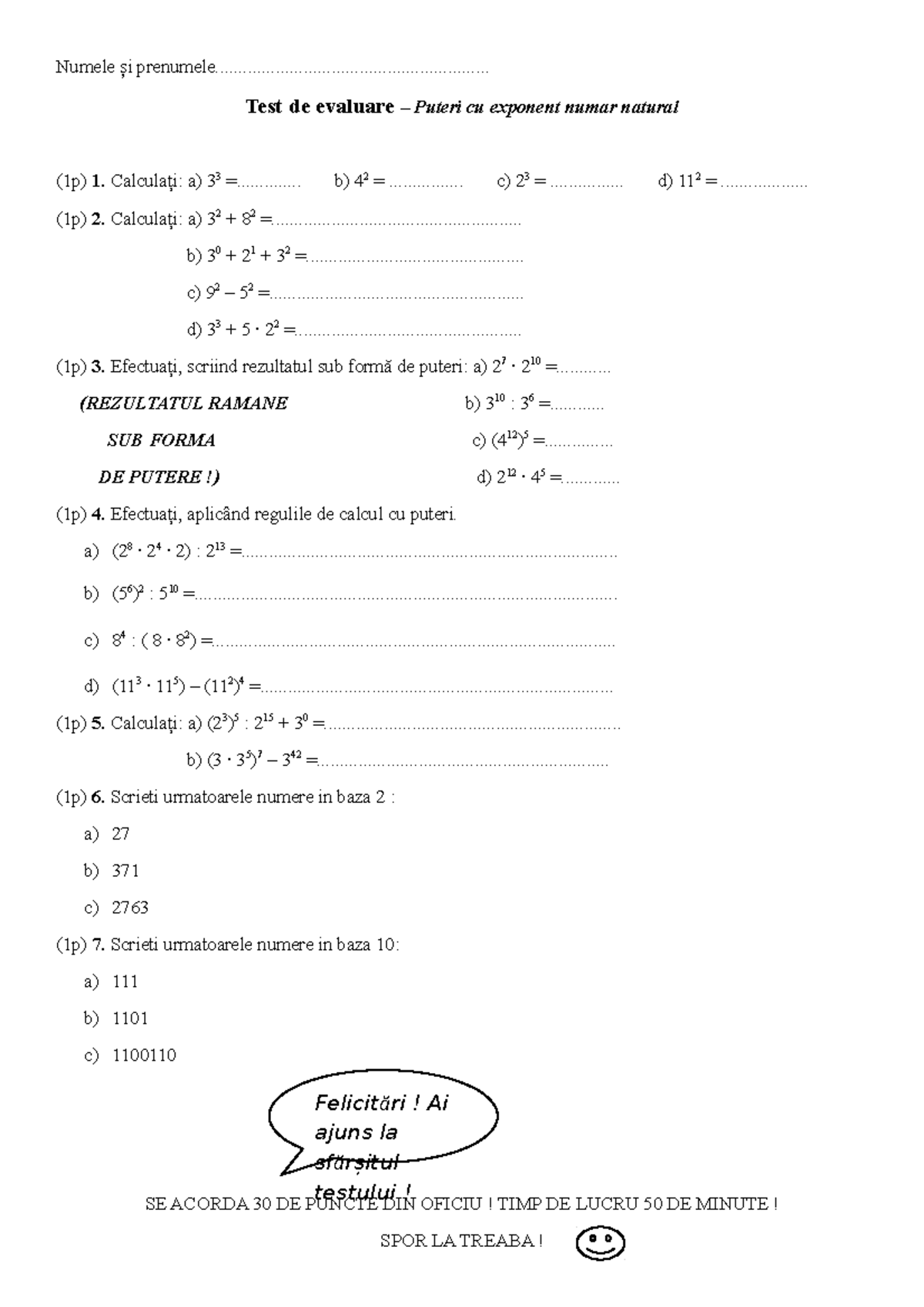 Test -puteri 5 - Numele și prenumele