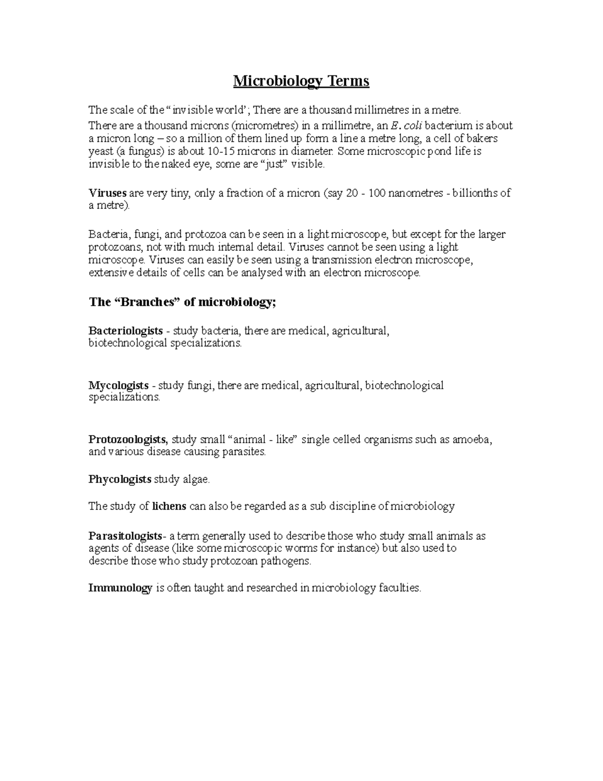 Micro Terms - Microbiology Terms The scale of the “invisible world ...