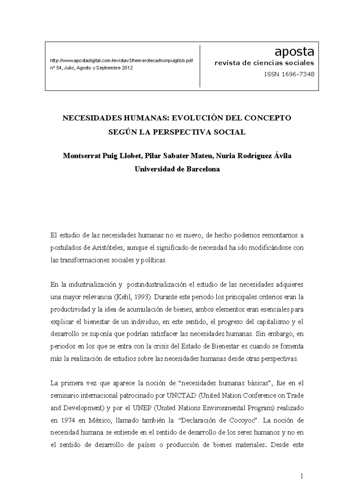 Necesidades Humanas Evolución DEL Concepto - Autores: Montserrat Puig ...