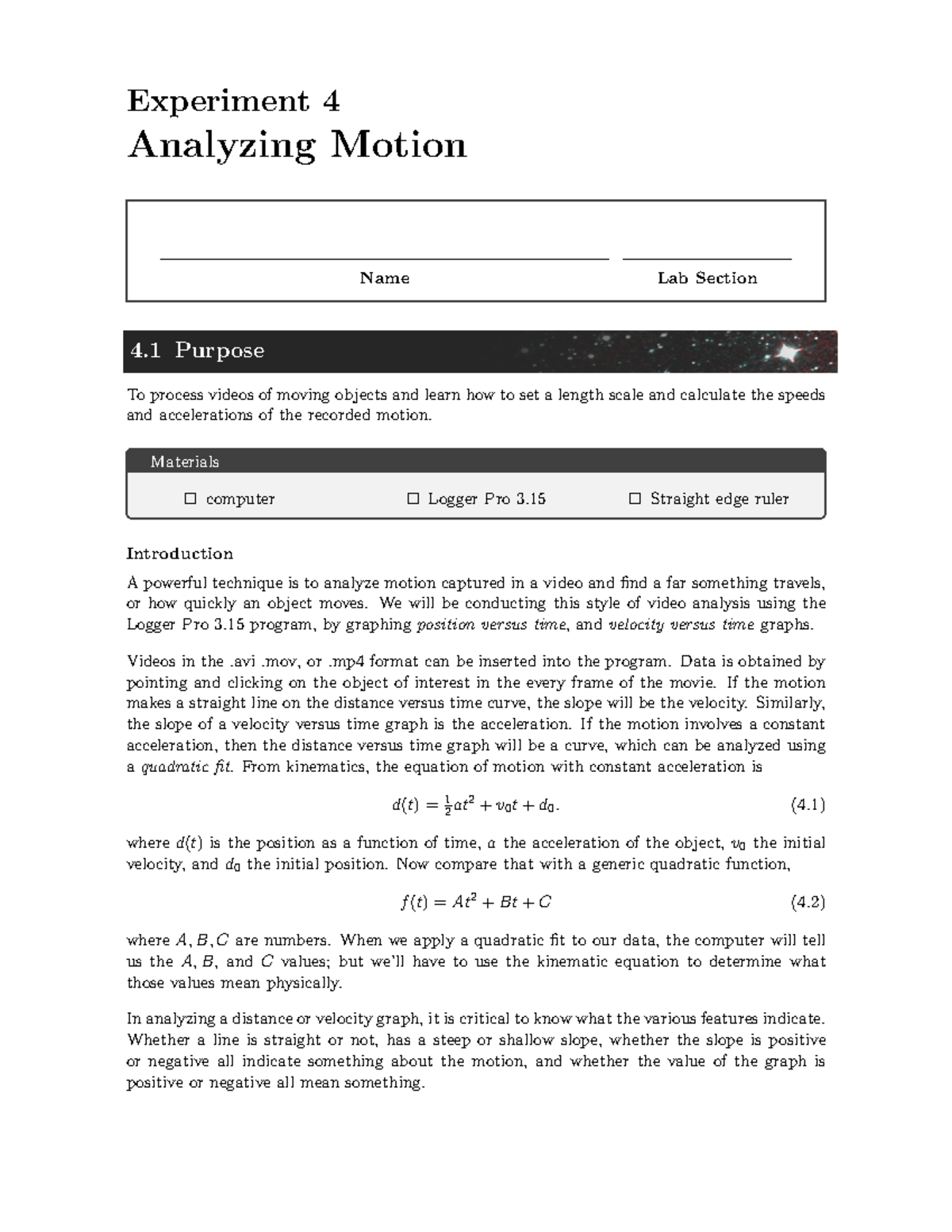 Analyzing-Motion in physics Lab - Experiment 4 Analyzing Motion Name ...