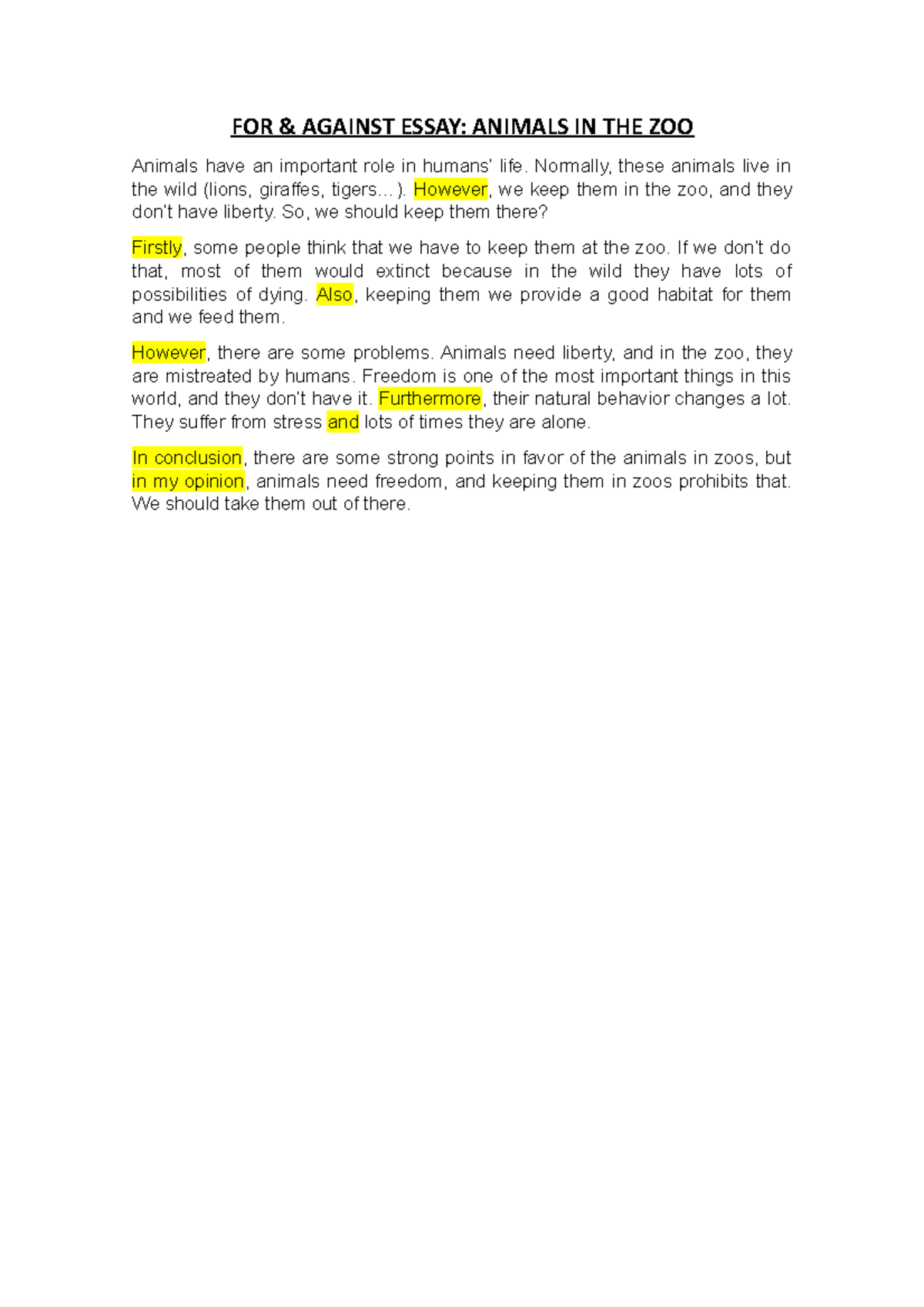 FOR & Against Essay - FOR & AGAINST ESSAY: ANIMALS IN THE ZOO Animals ...