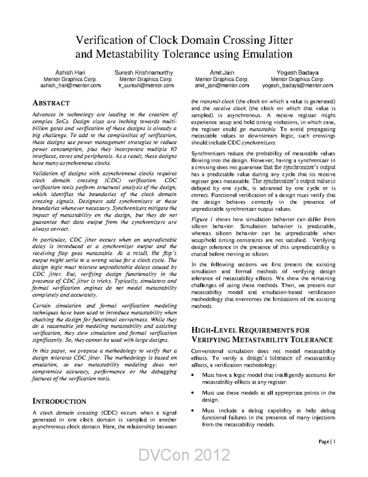 MGC DVCon 12 Verification of Clock Domain Crossing Jitter and Metastability Tolerance Using ...