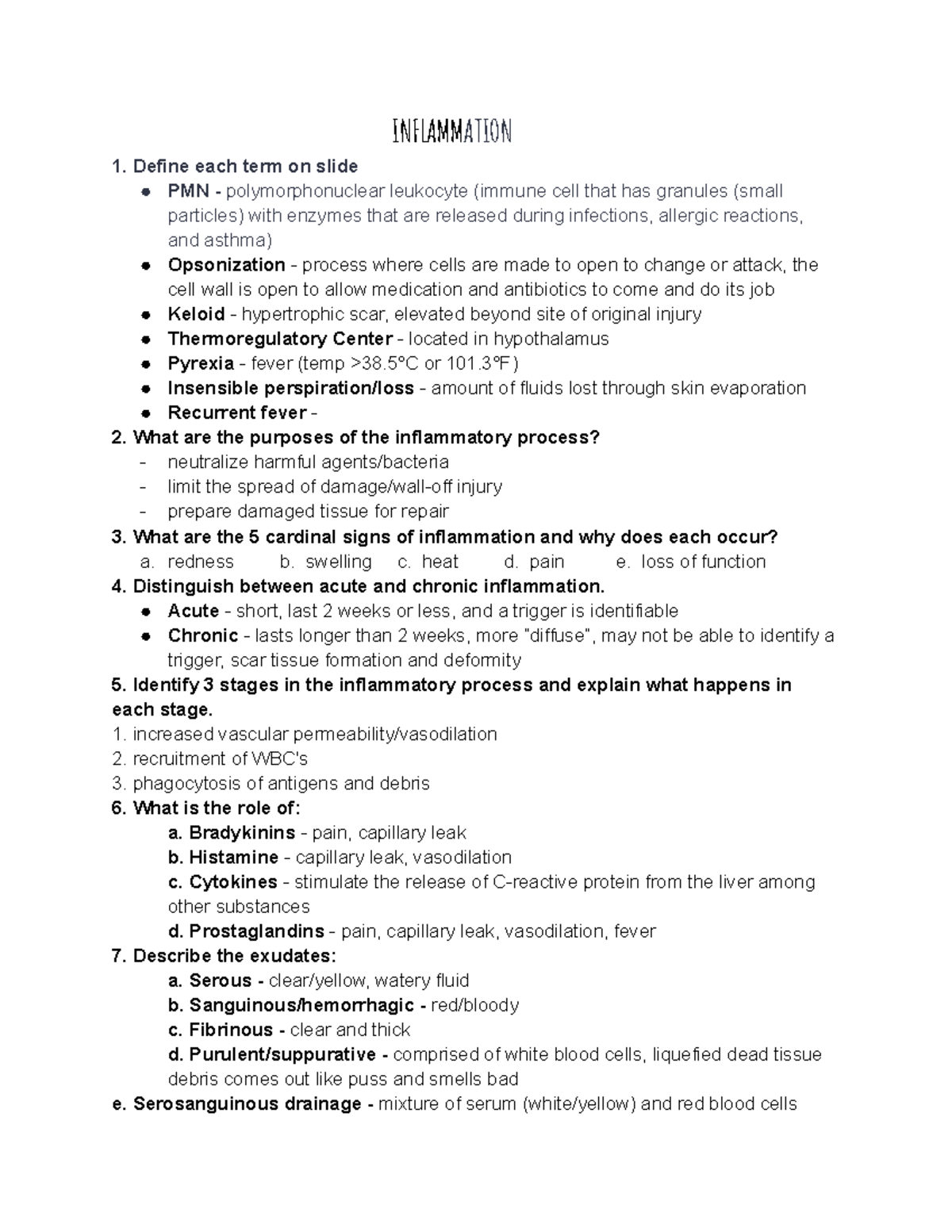 THE 3 I’s - Inflammation, Immunopathology & Infection - INFLAMMATION Define each term on slide ...
