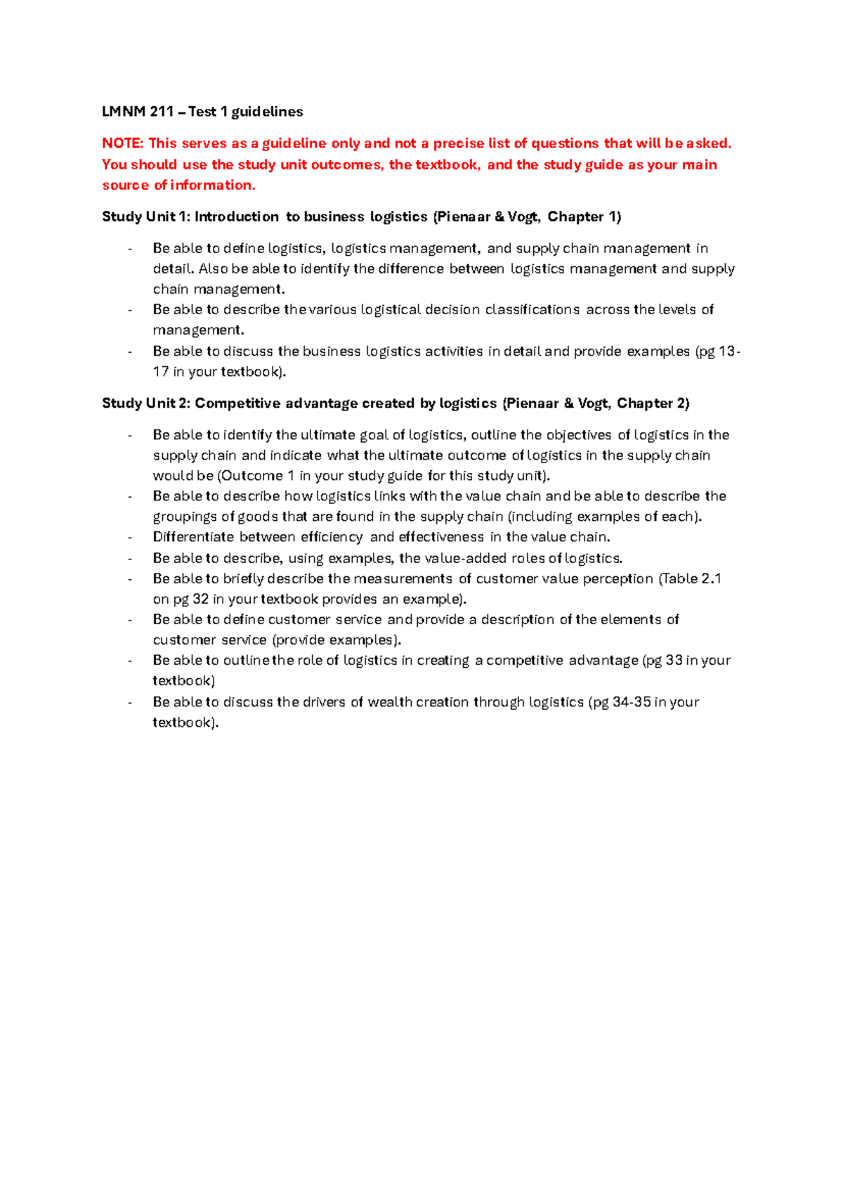 LMNM 211 - Test 1 guidelines - LMNM 211 – Test 1 guidelines NOTE: This ...
