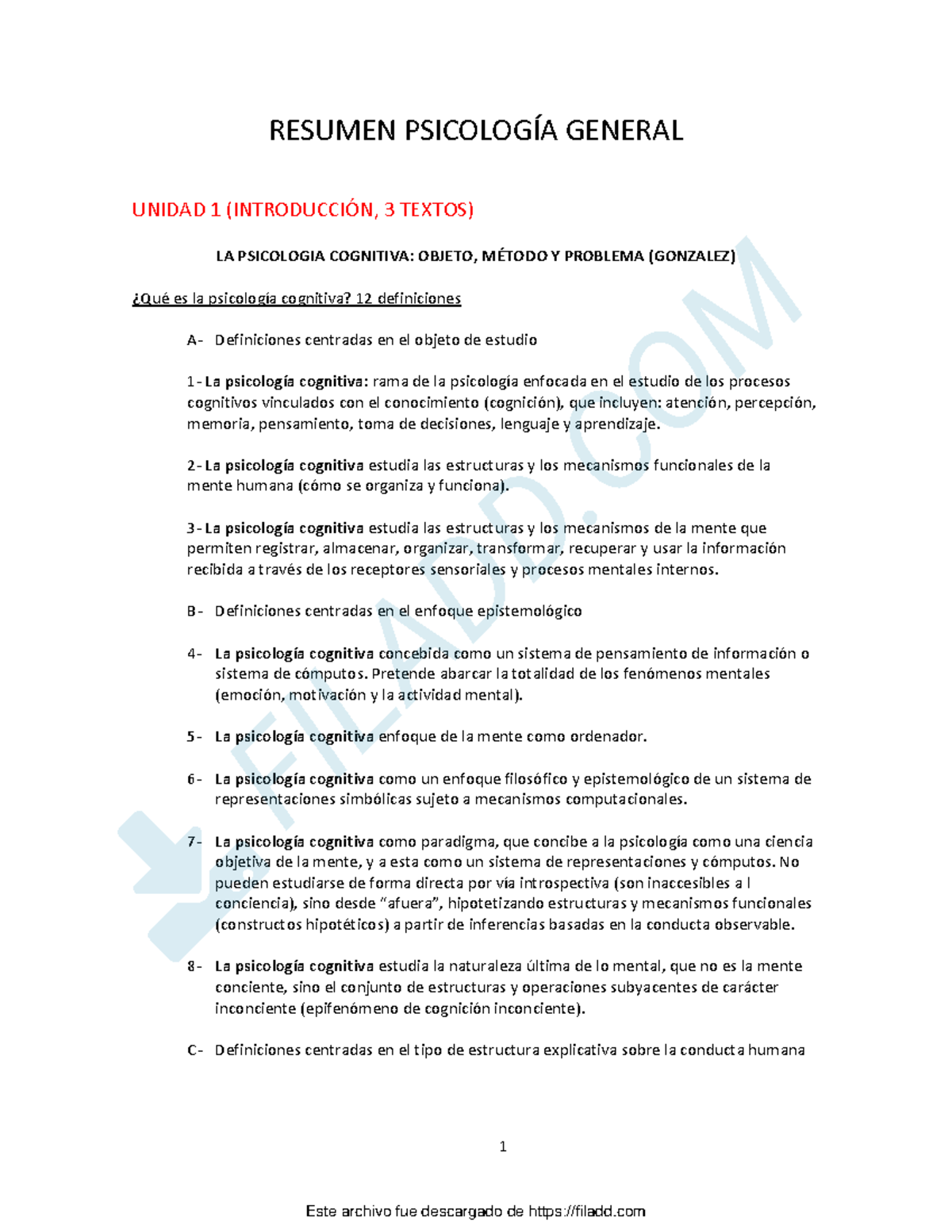 Resumen General completo - 1 RESUMEN PSICOLOGÍA GENERAL UNIDAD 1 ...