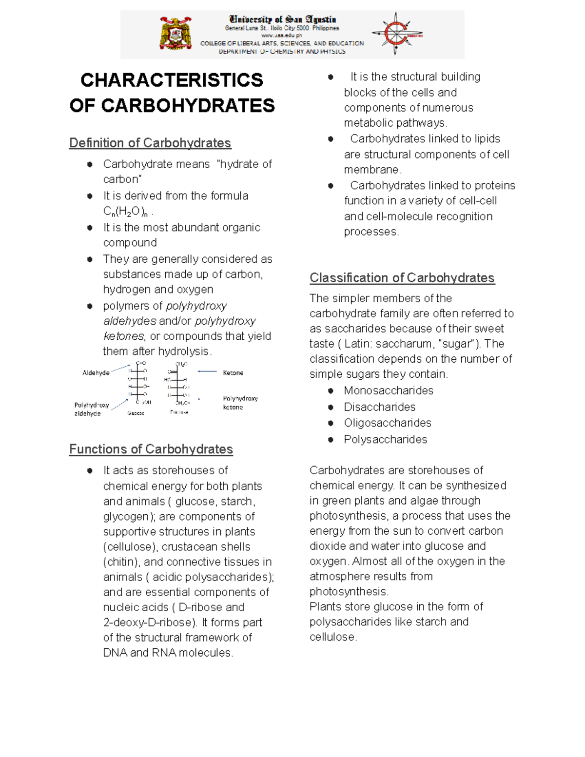 Biochem LEC MOD. 6 Carbohydrates - CHARACTERISTICS OF CARBOHYDRATES ...