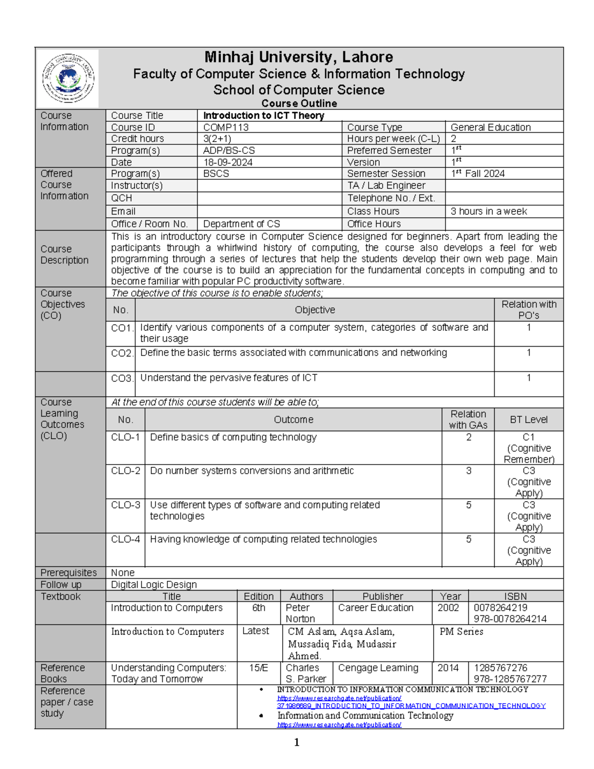 ICT Course Outline - Minhaj University, Lahore Faculty of Computer ...