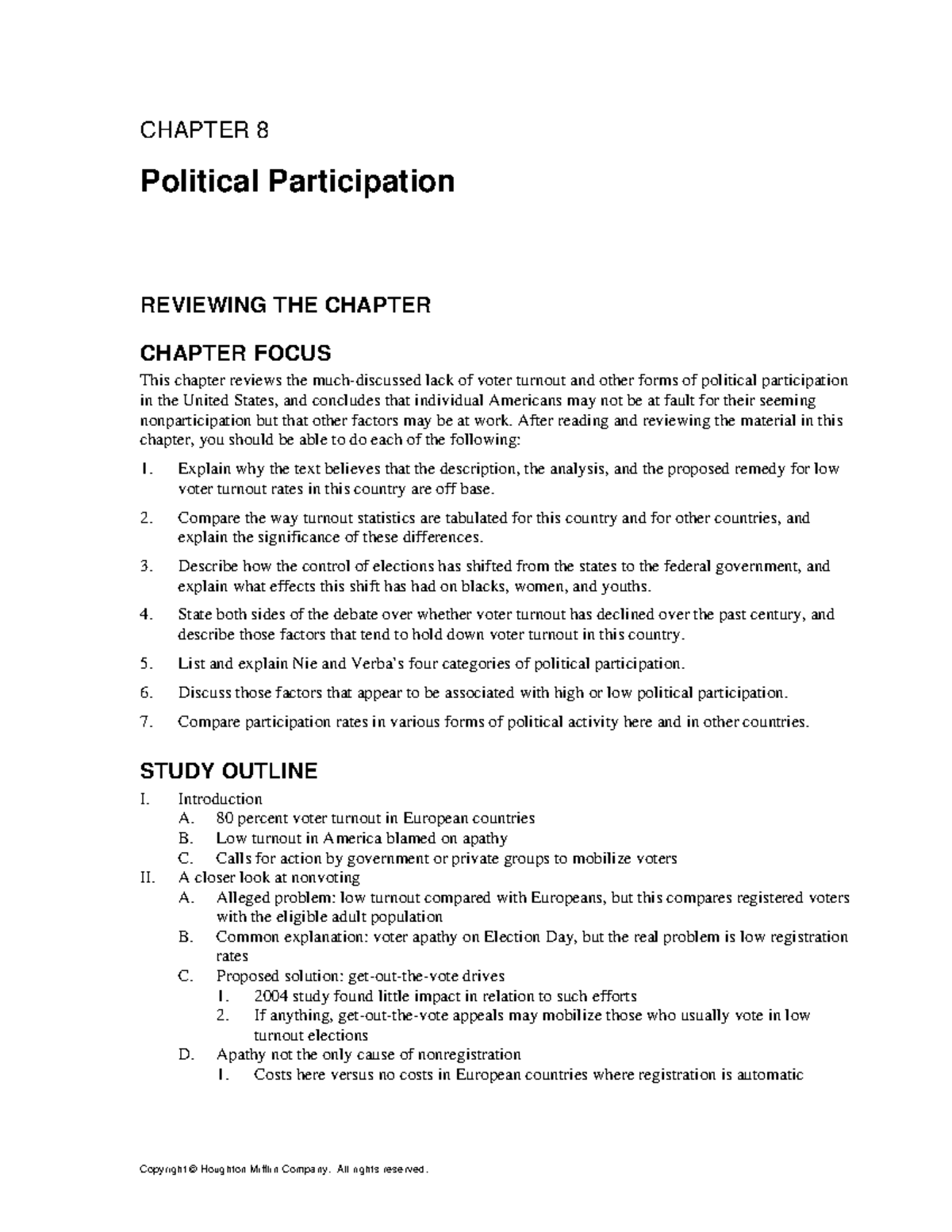 Chapter 8 - CHAPTER 8 Political Participation REVIEWING THE CHAPTER ...