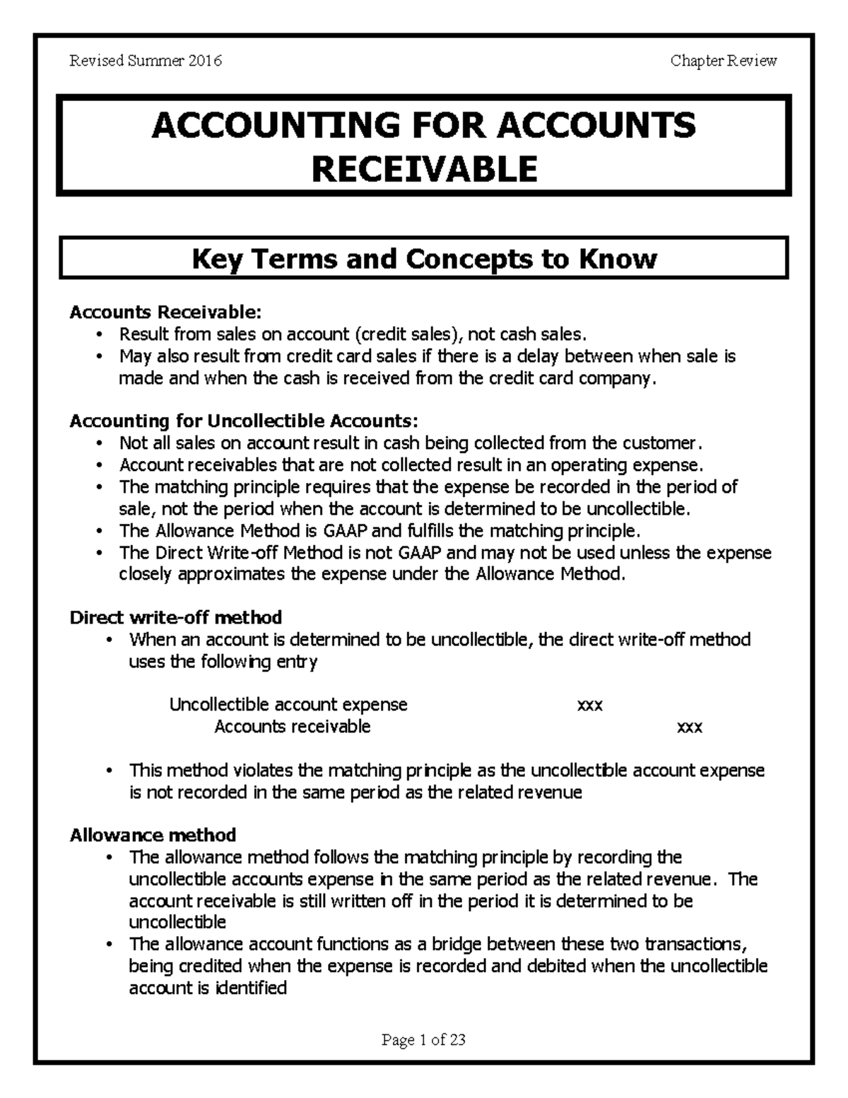 Accounting For Accounts Receivable Revised Summer 2016 Chapter Review