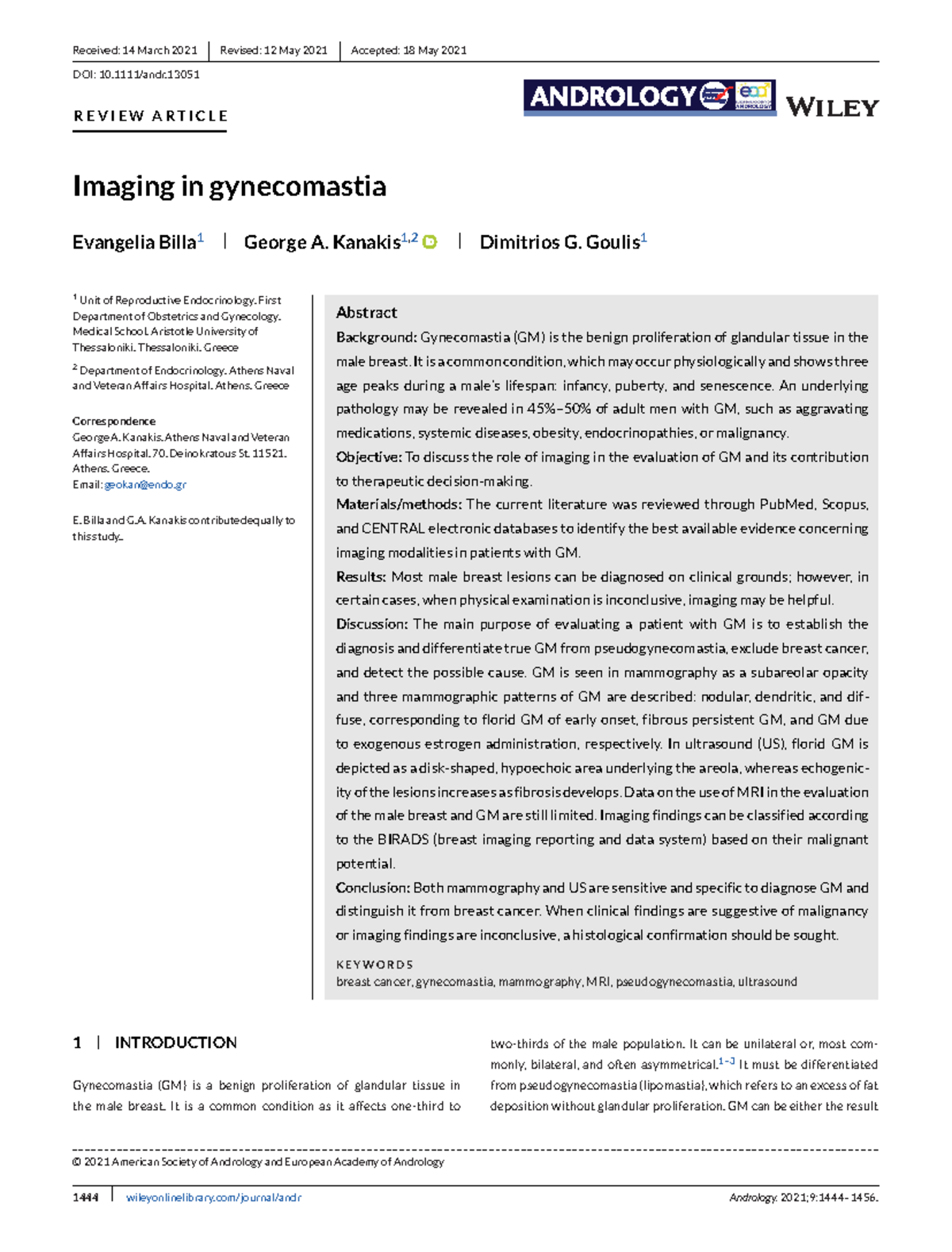 Andrology - 2021 - Billa - Imaging in gynecomastia - Received: 14 March ...