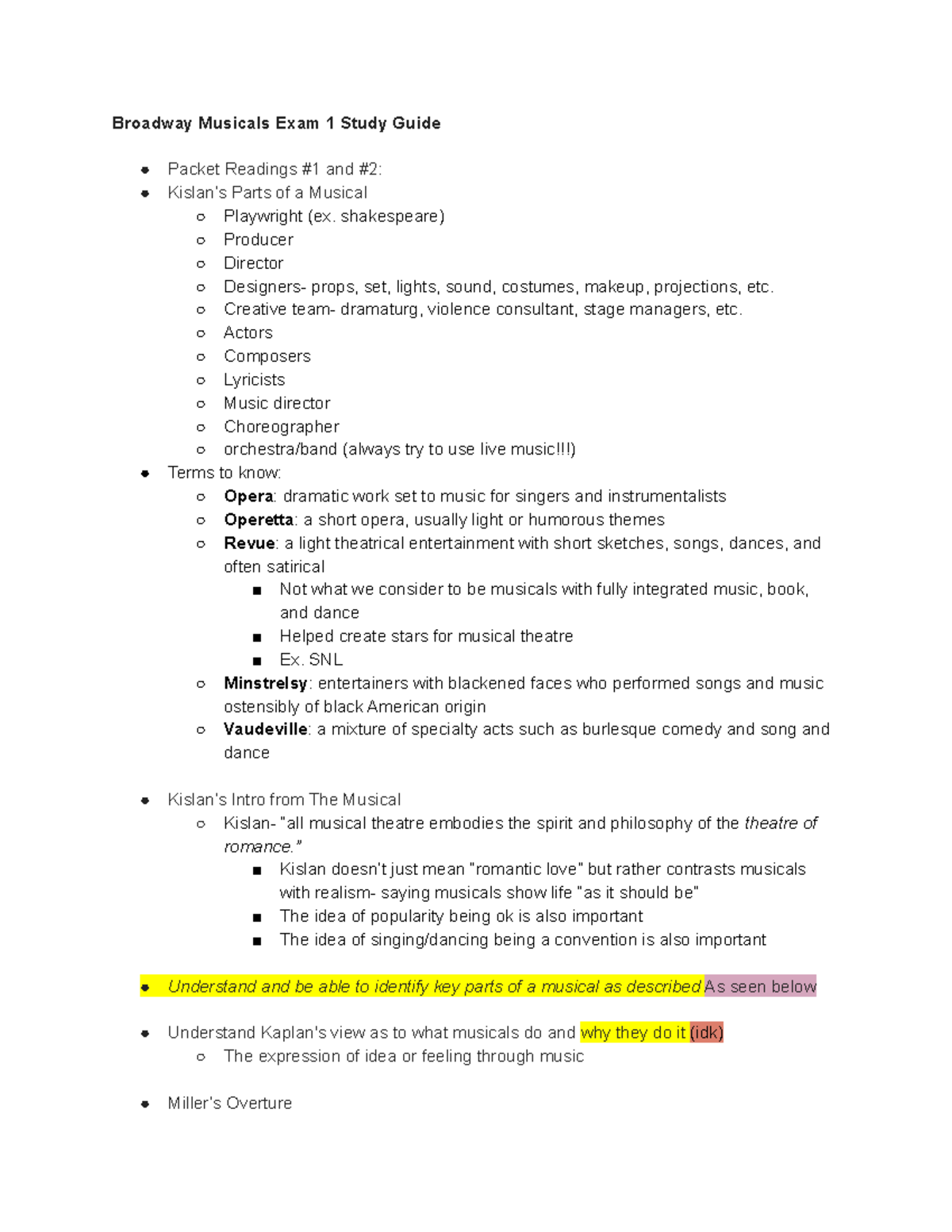 Broadway Musicals Exam 1 Study Guide - shakespeare) Producer Director ...