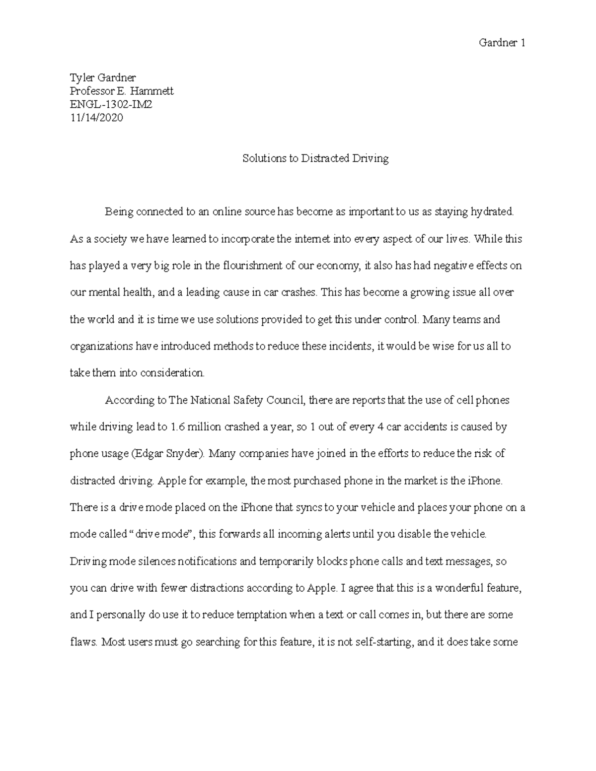 Solutions to Distracted Driving Essay 1 - Tyler Gardner Professor E ...