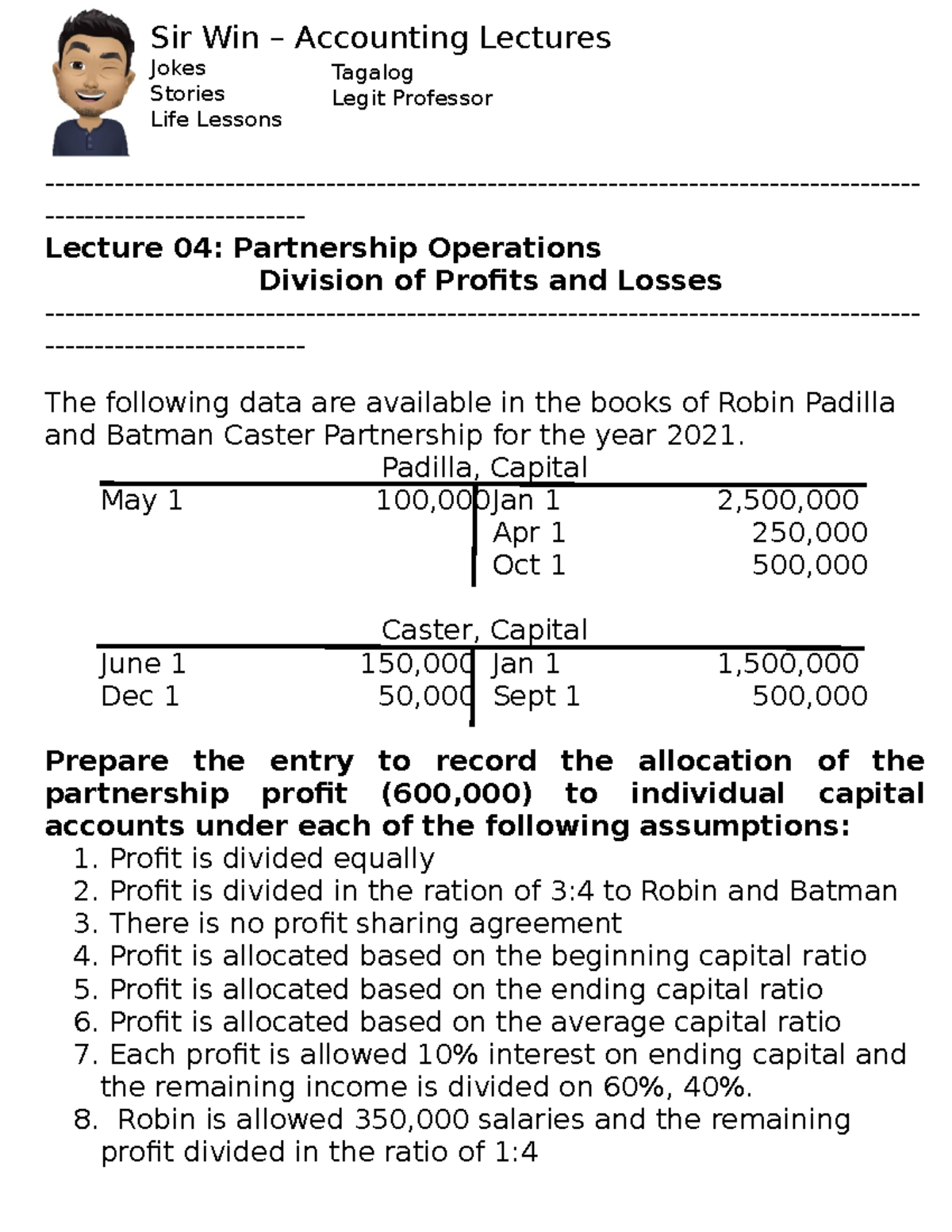 Lecture 04 Partnership Operations - Sir Win – Accounting Lectures Jokes ...