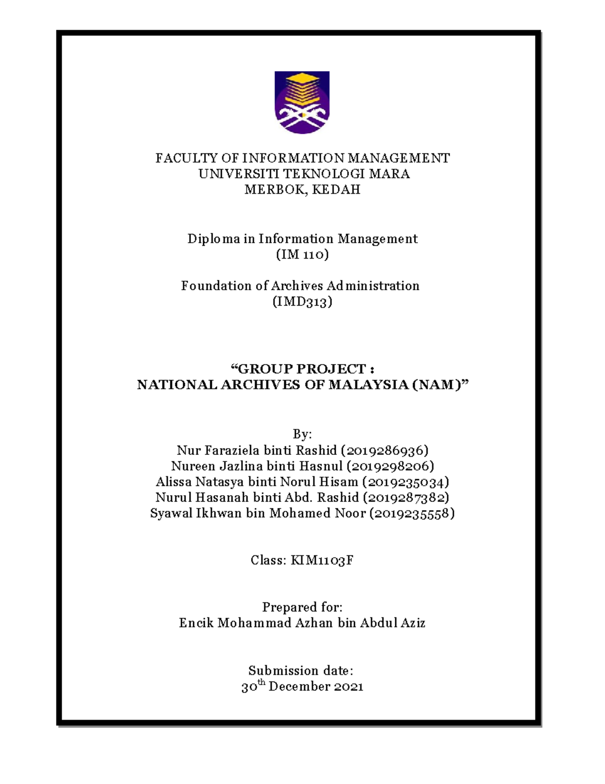 Group Project - NAM - FACULTY OF INFORMATION MANAGEMENT UNIVERSITI ...