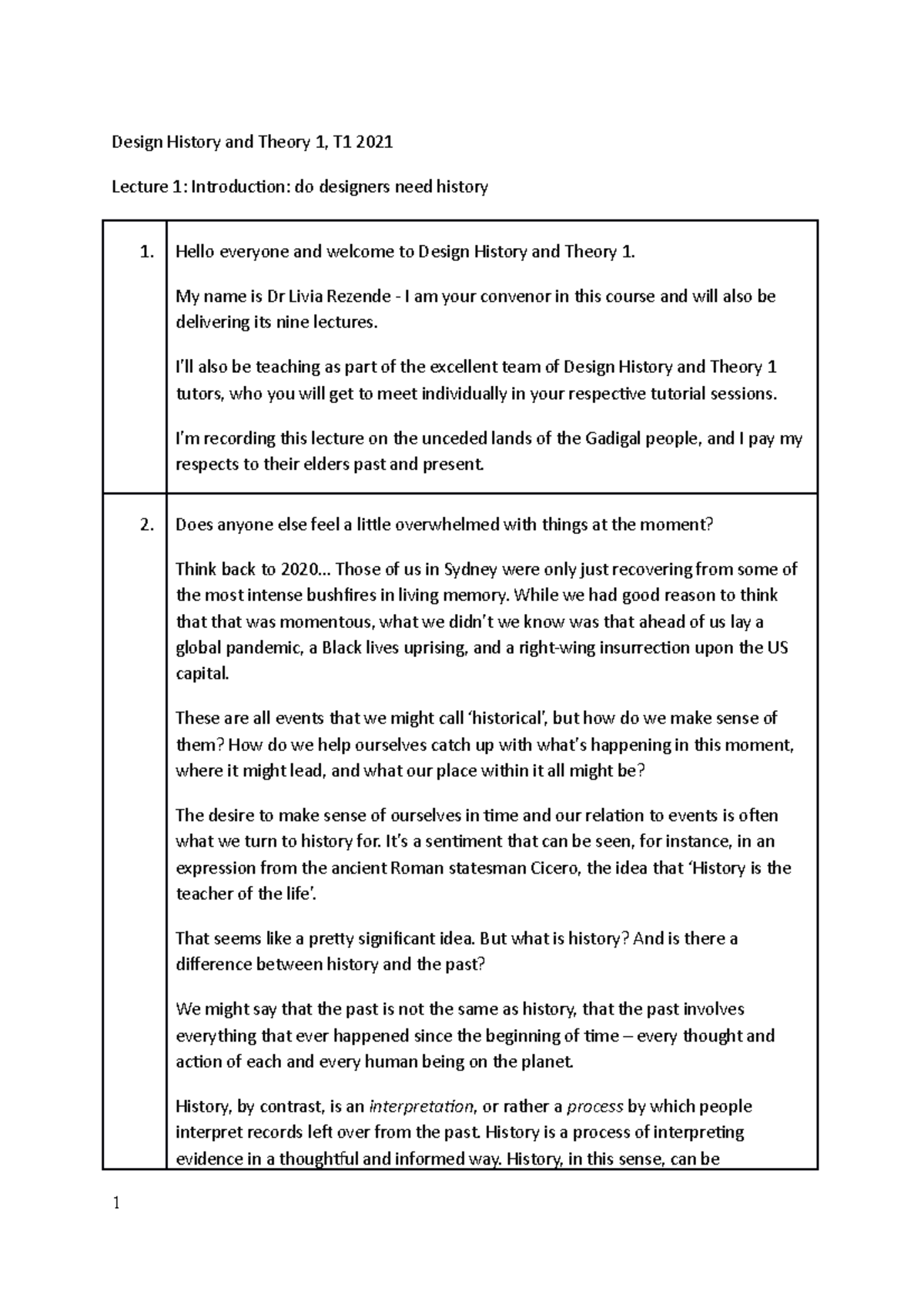 DDES1200 lecture 1 transcript (T1 2022) - Design History and Theory 1 ...