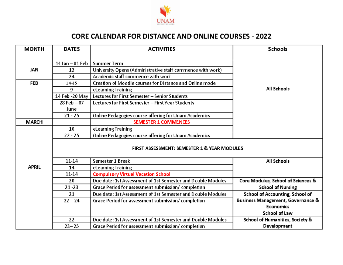 Core Calendar for Distance and Online Courses Faculties - 2022 - CORE ...