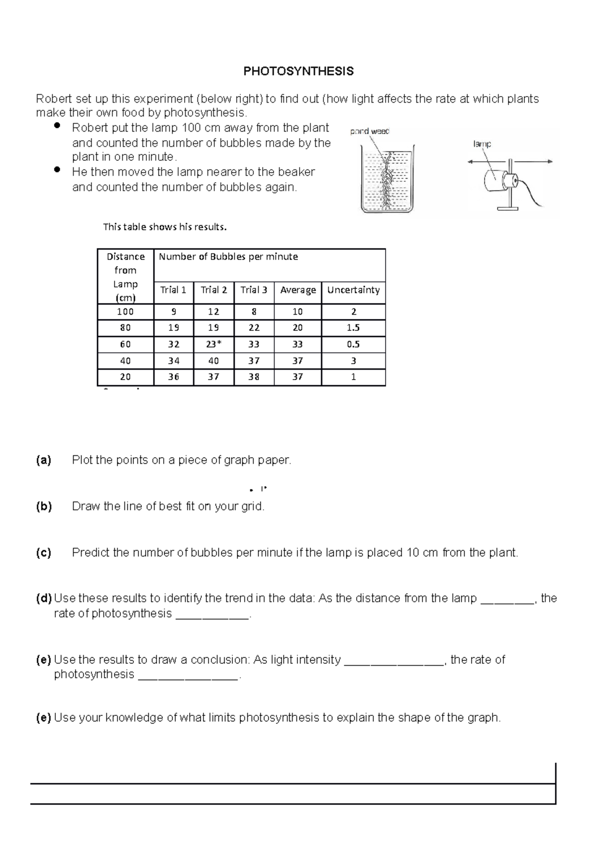 Photosynthesis - yes - PHOTOSYNTHESIS Robert set up this experiment ...