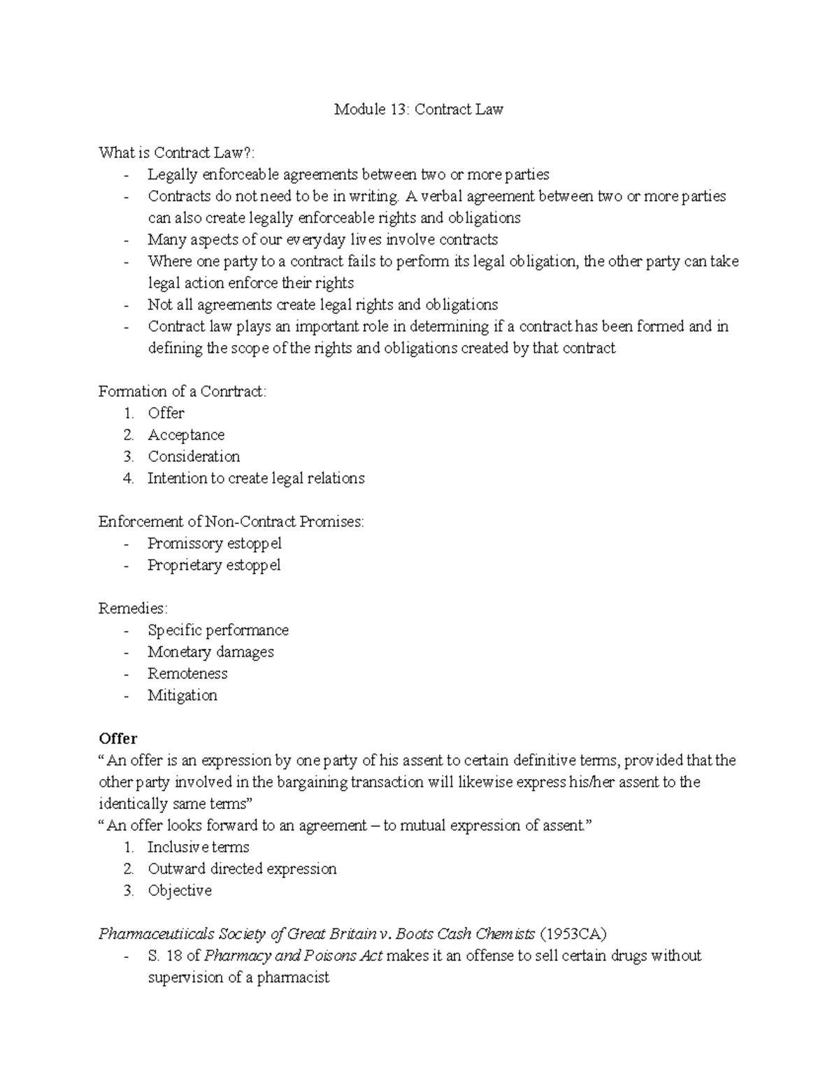 Module 13 Contract Law - Notes - Module 13: Contract Law What is ...