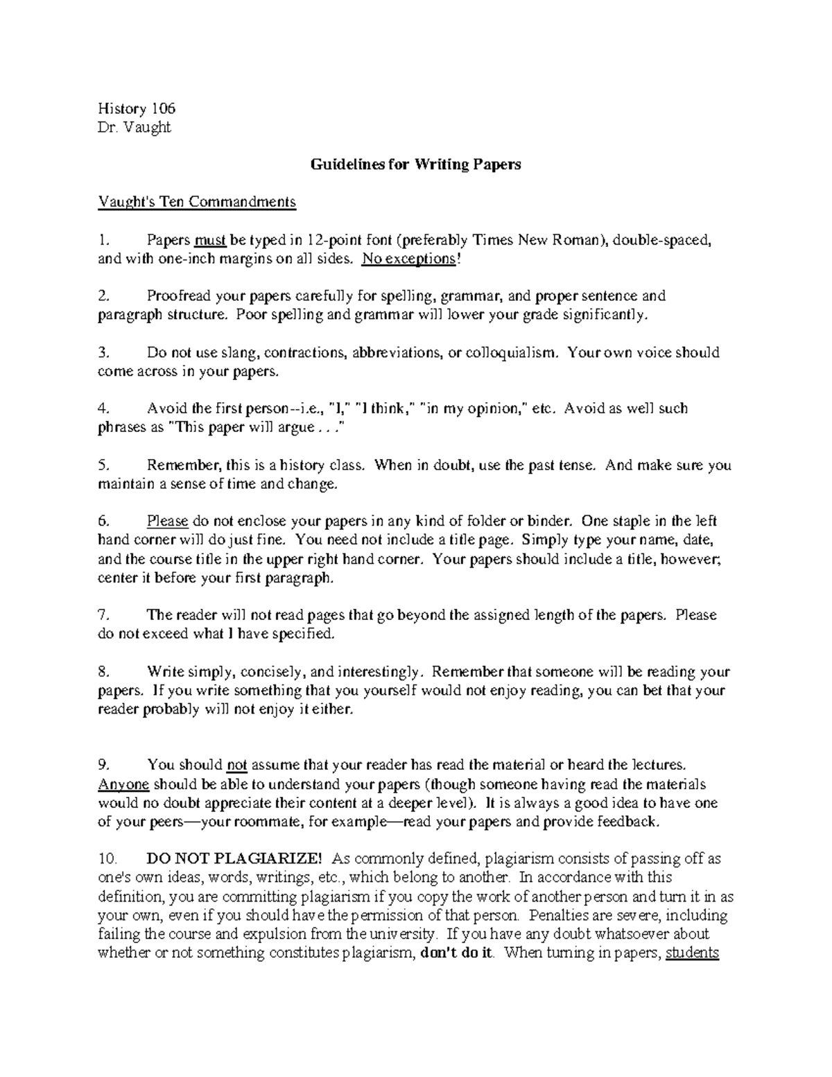 Guidelines for Writing Papers - History 106 Dr. Vaught Guidelines for ...