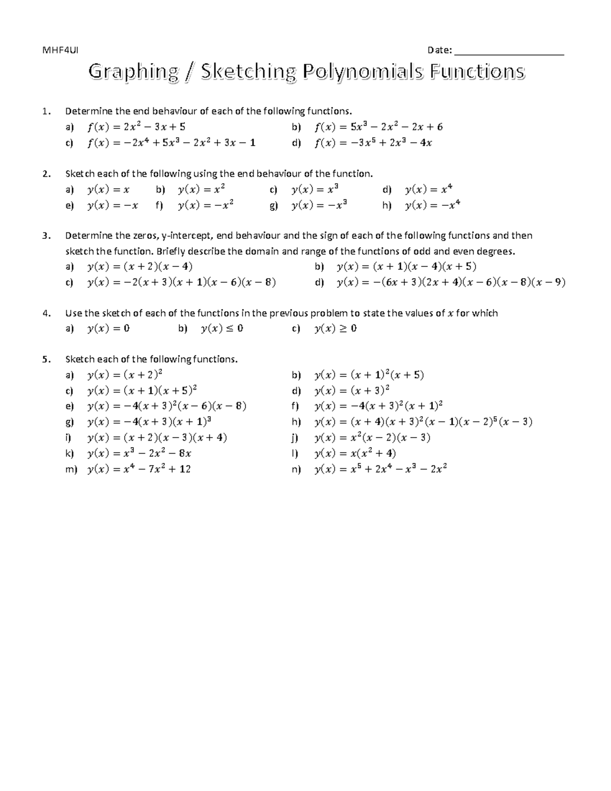 Day 10 - Worksheet - Graphing-Sketching Polynomial Functions - MHF4UI ...