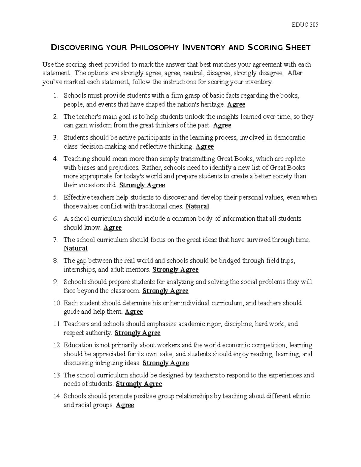 Discovering Your Philosophy Inventory and Scoring Sheet - DISCOVERING ...