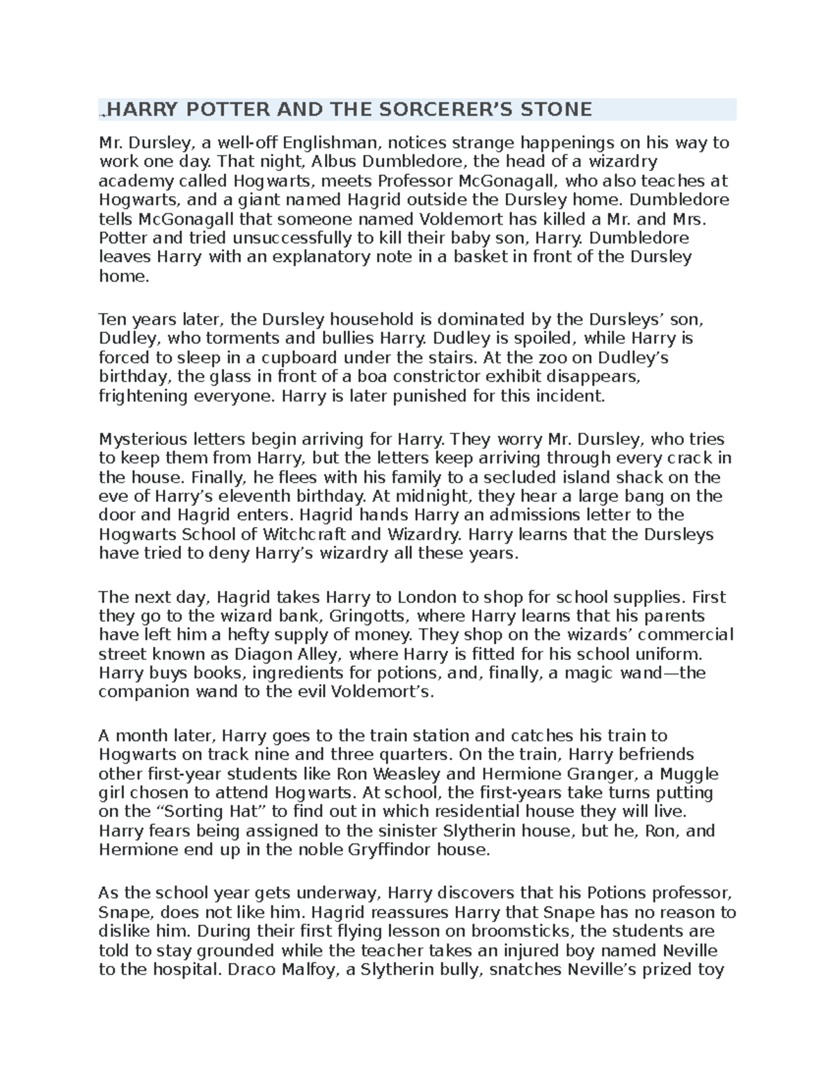 Harry Potter - Lecture notes - Summary FHARRY POTTER AND THE SORCERER’S ...