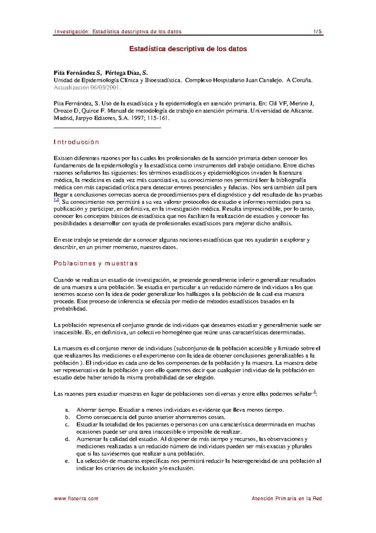 Lectura Fisterra - Estad Ã­stica descriptiva de los datos - Bioestadistica - USMP - Studocu