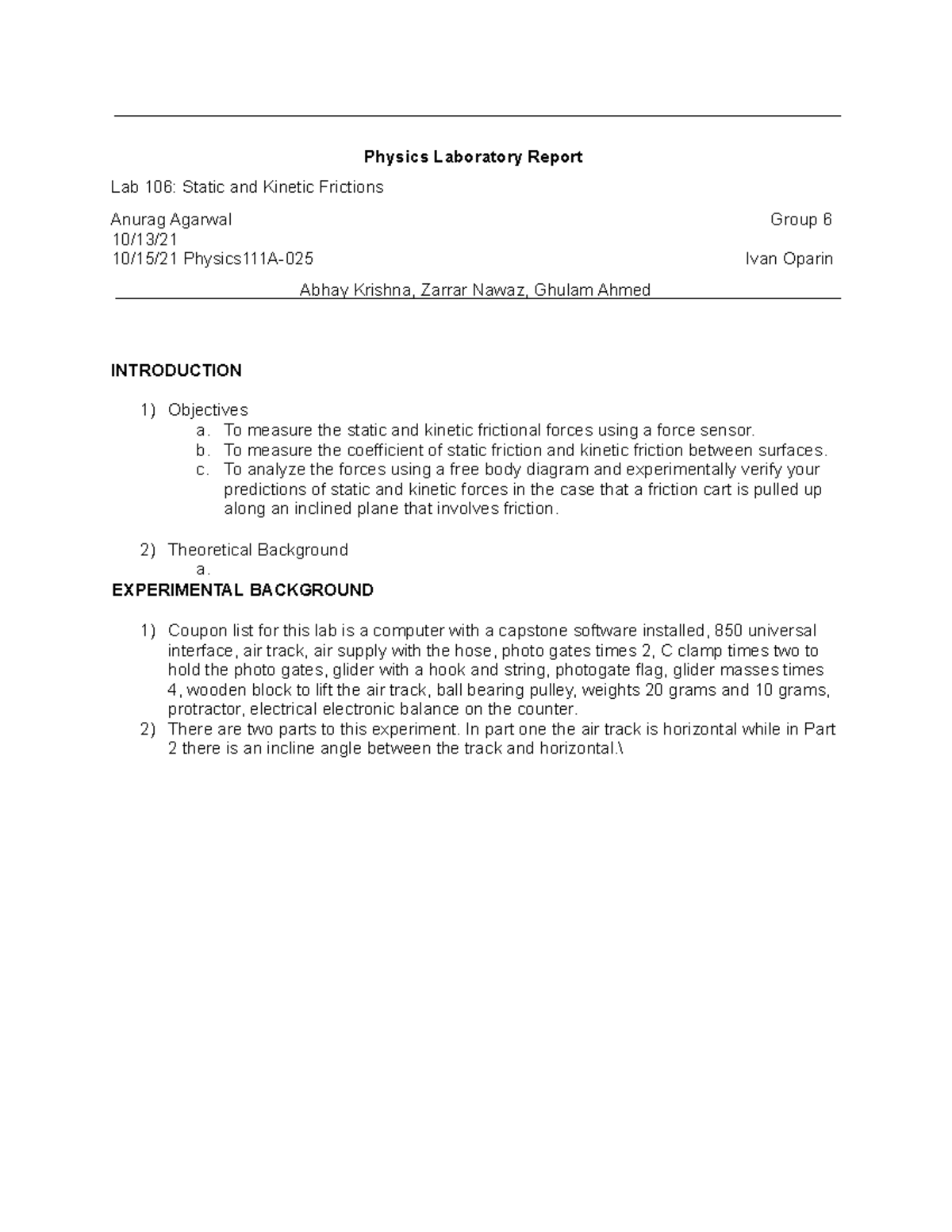 Lab05 - Physics Lab - Physics Laboratory Report Lab 106: Static and ...
