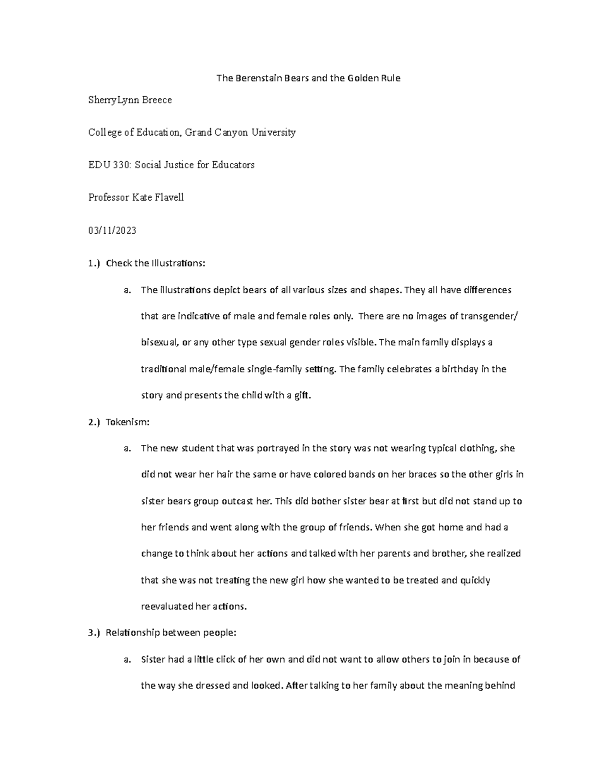 EDU 330 0500 T5 Content Analysis for Cultural Competency The Berenstain ...