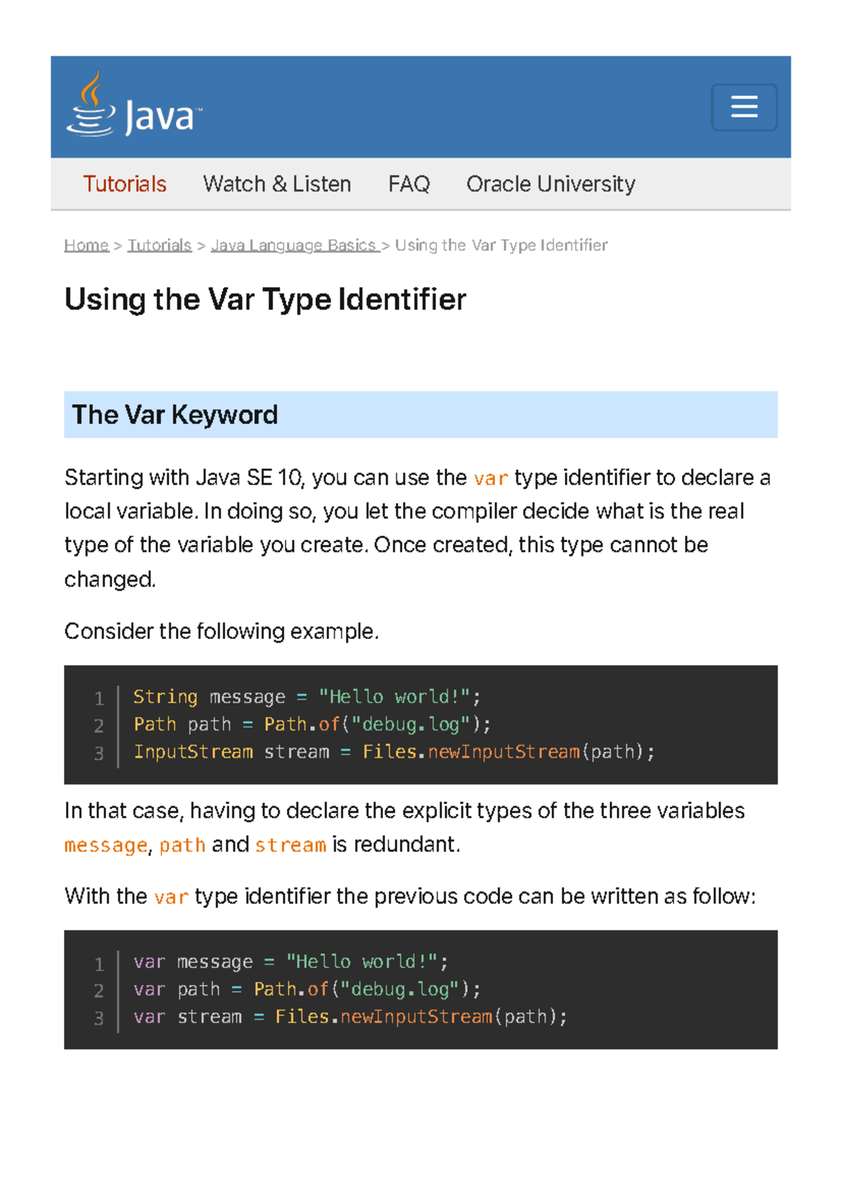 Using the Var Type Identifier - Dev - Tutorials Watch & Listen FAQ Oracle University Home ...