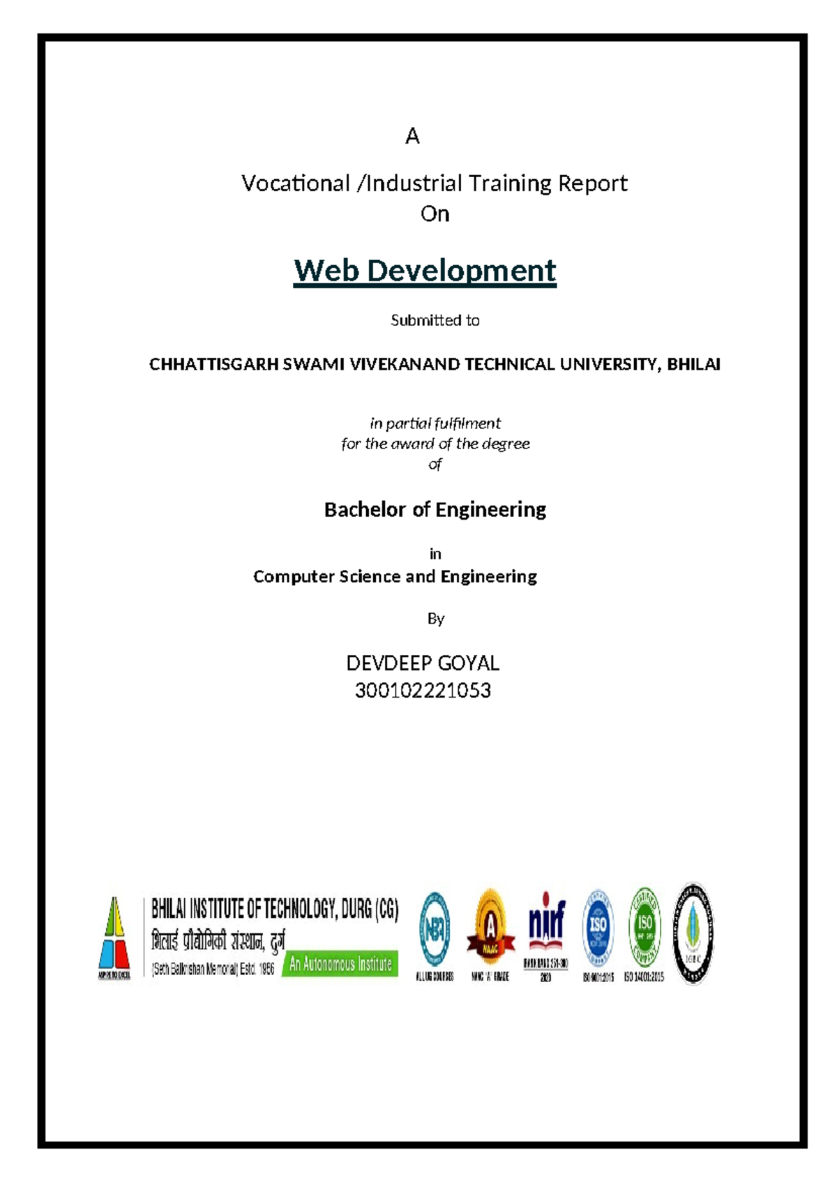 Intership Report - A Vocational /Industrial Training Report On Web Development Submitted to ...
