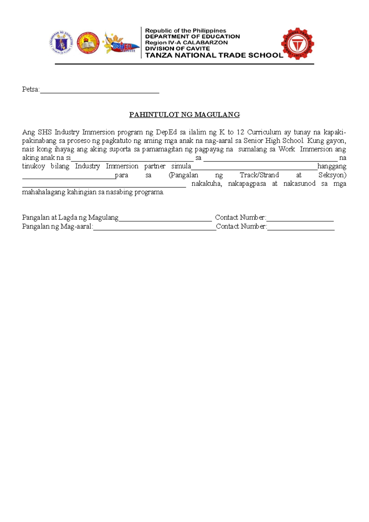 [Template] 23. 2 TNTS SHS WI Parental Consent- Filipino - Petsa