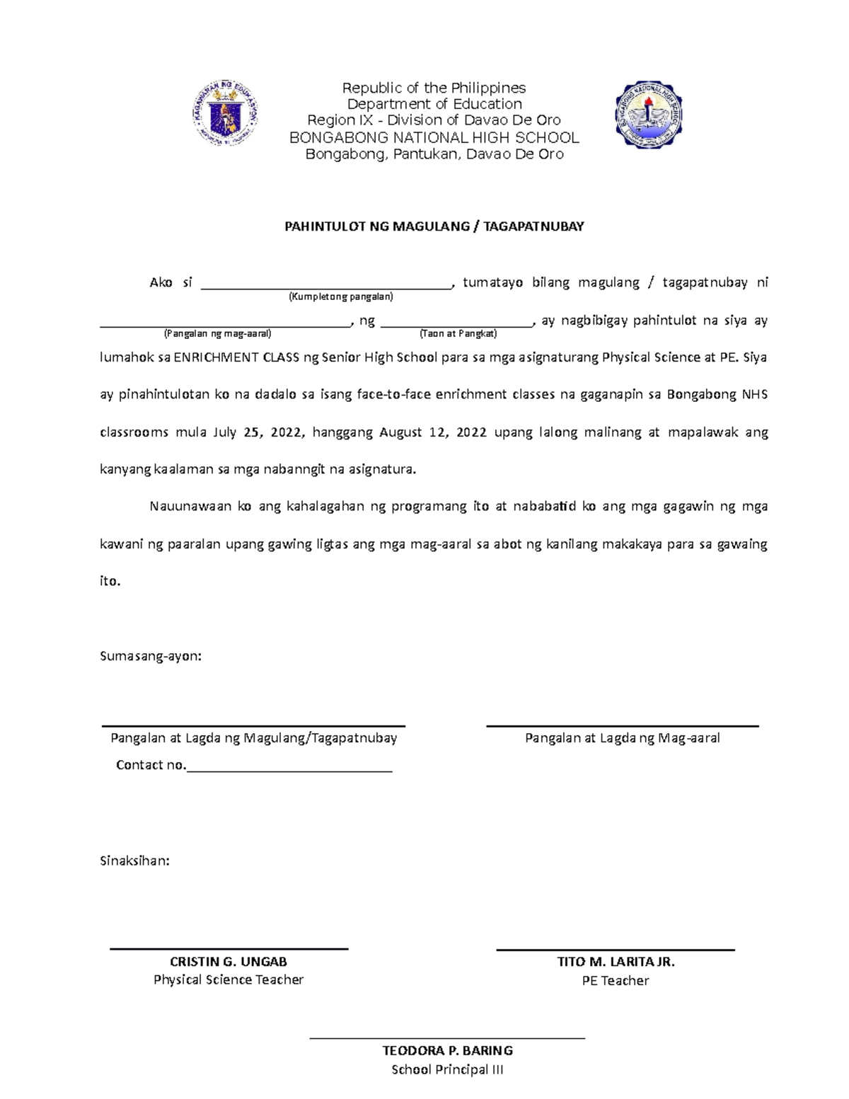 Enrichment Class parent consent - Republic of the PhilippinesDepartment of Education BONGABONG ...