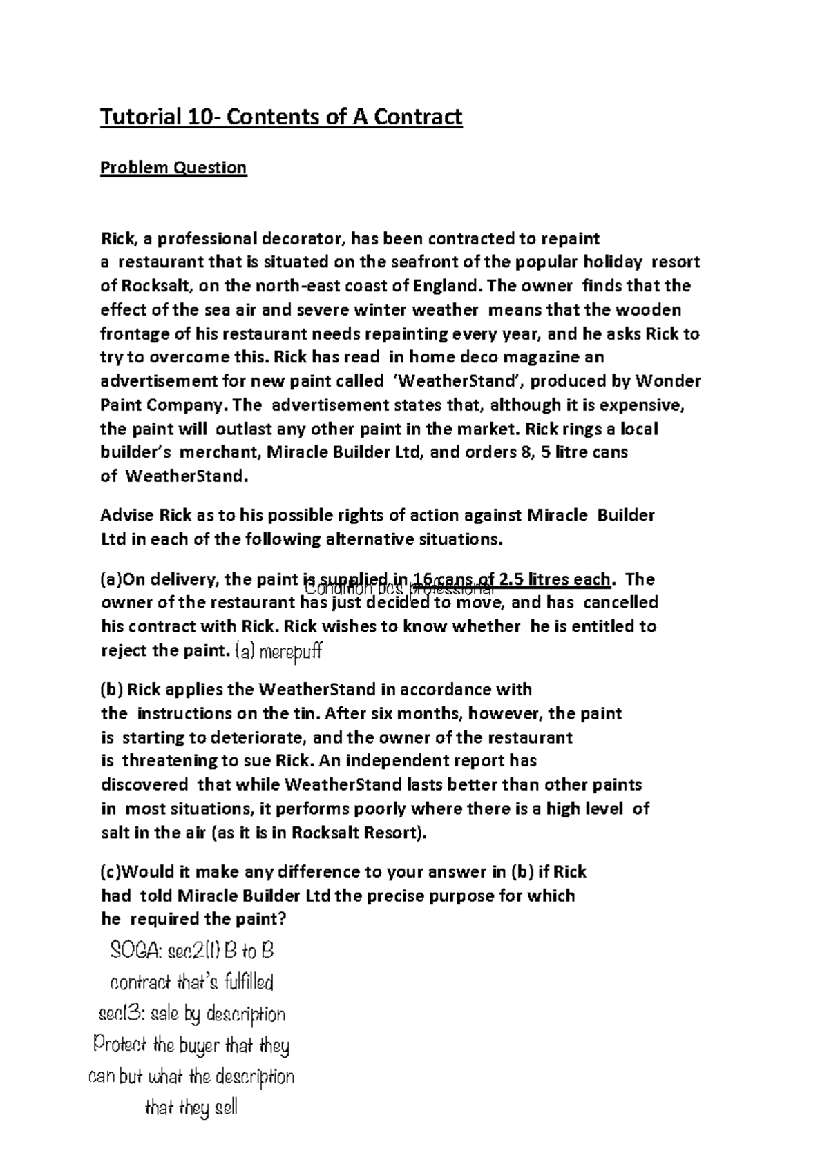 Tutorial 10- Contents of A Contract - Tutorial 10 - Contents of A Contract Problem Question Rick ...