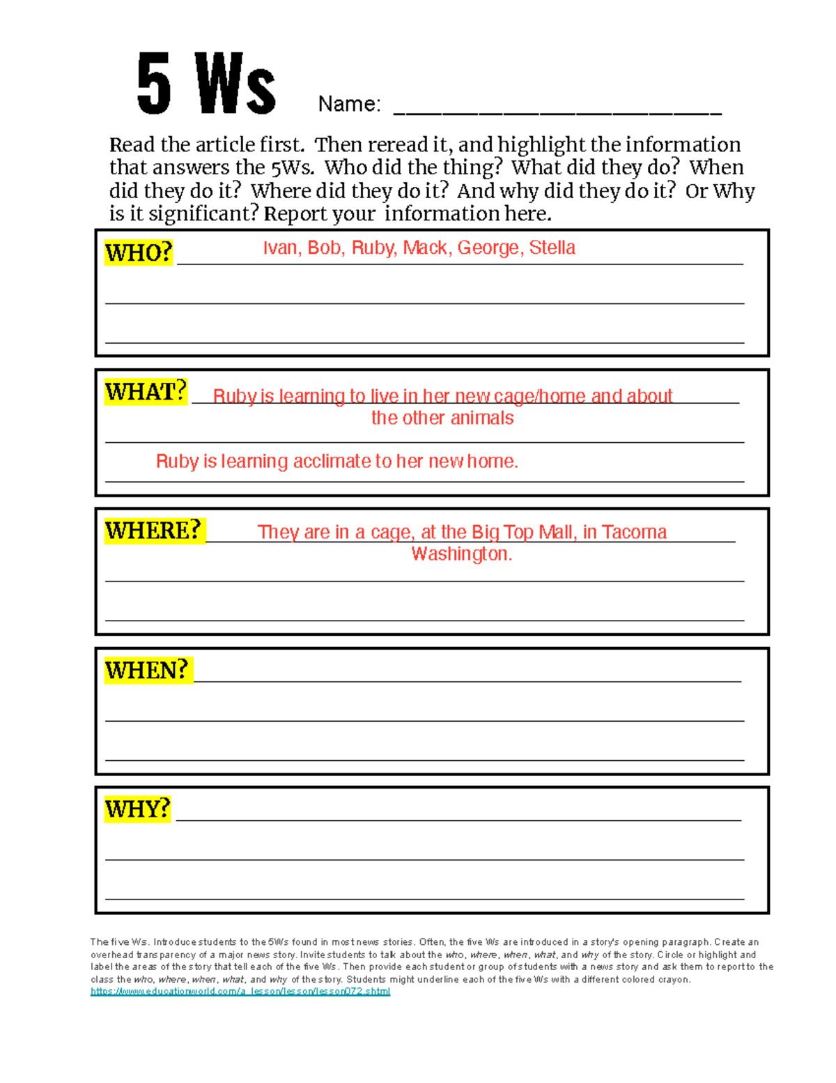5Ws Who What When Where Why Worksheet-1 - 5 Ws The five Ws. Introduce students to the 5Ws found ...