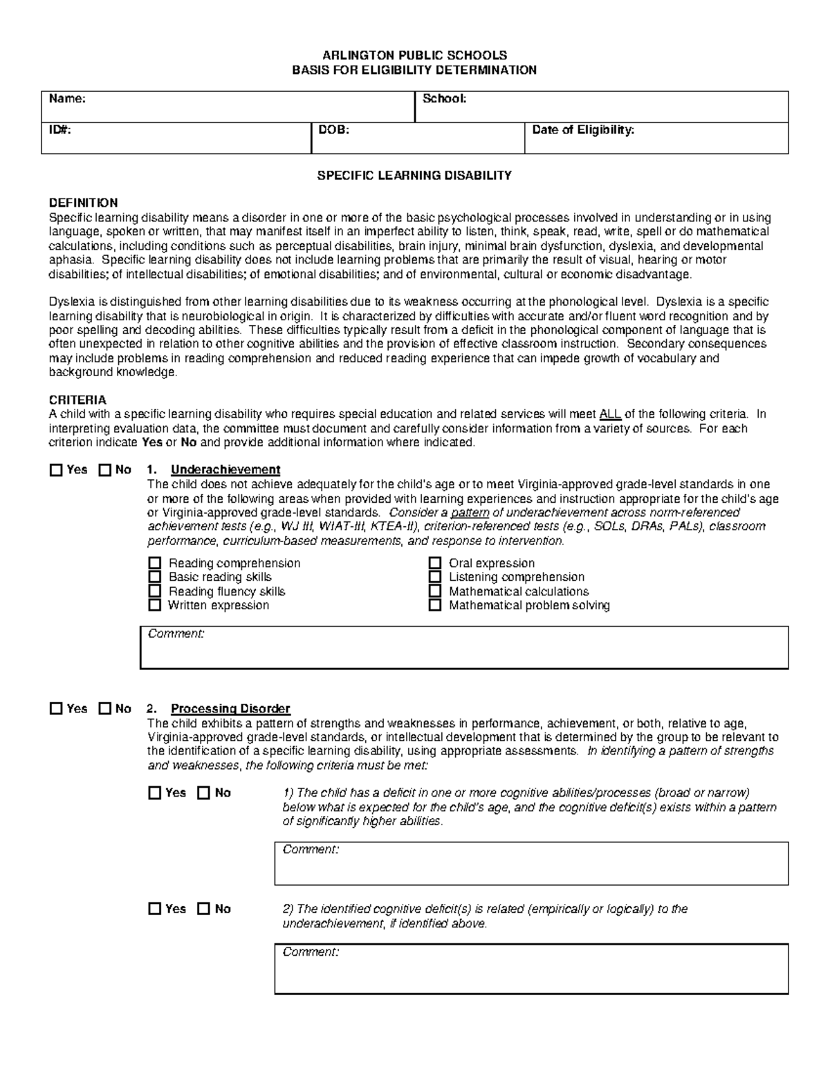 SLD-Criteria - SLD criteria - ARLINGTON PUBLIC SCHOOLS BASIS FOR ...