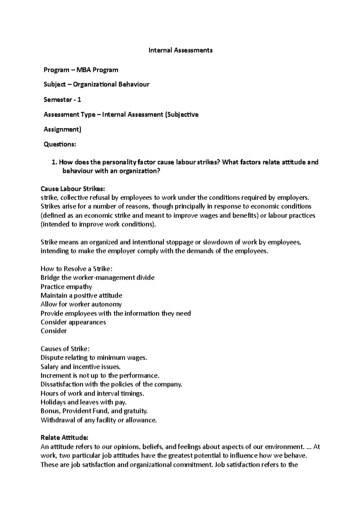 Answer 1 Organizational Behaviour - Internal Assessments Program – MBA ...