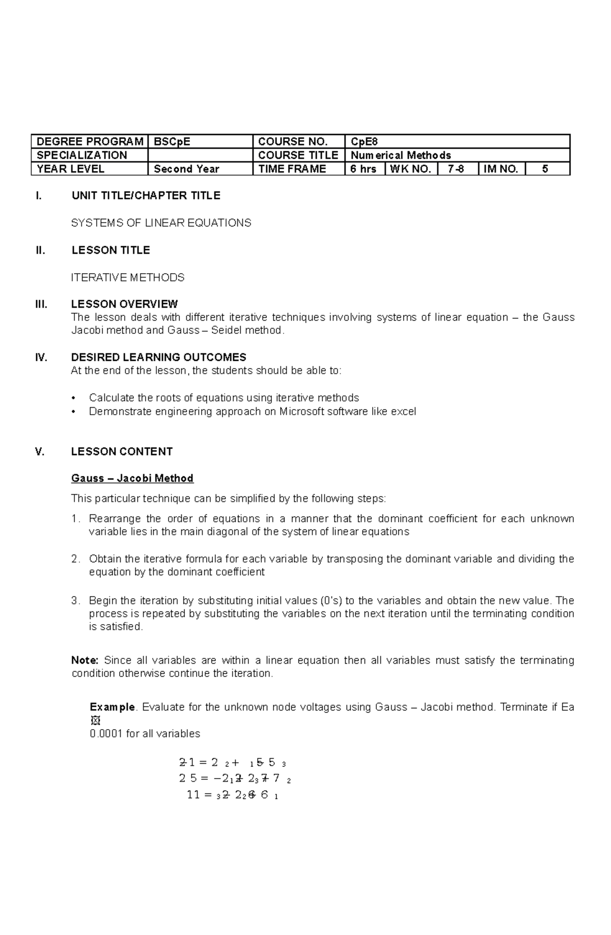 Module 5 Systems of Linear Equations - DEGREE PROGRAM BSCpE COURSE NO. CpE SPECIALIZATION COURSE ...