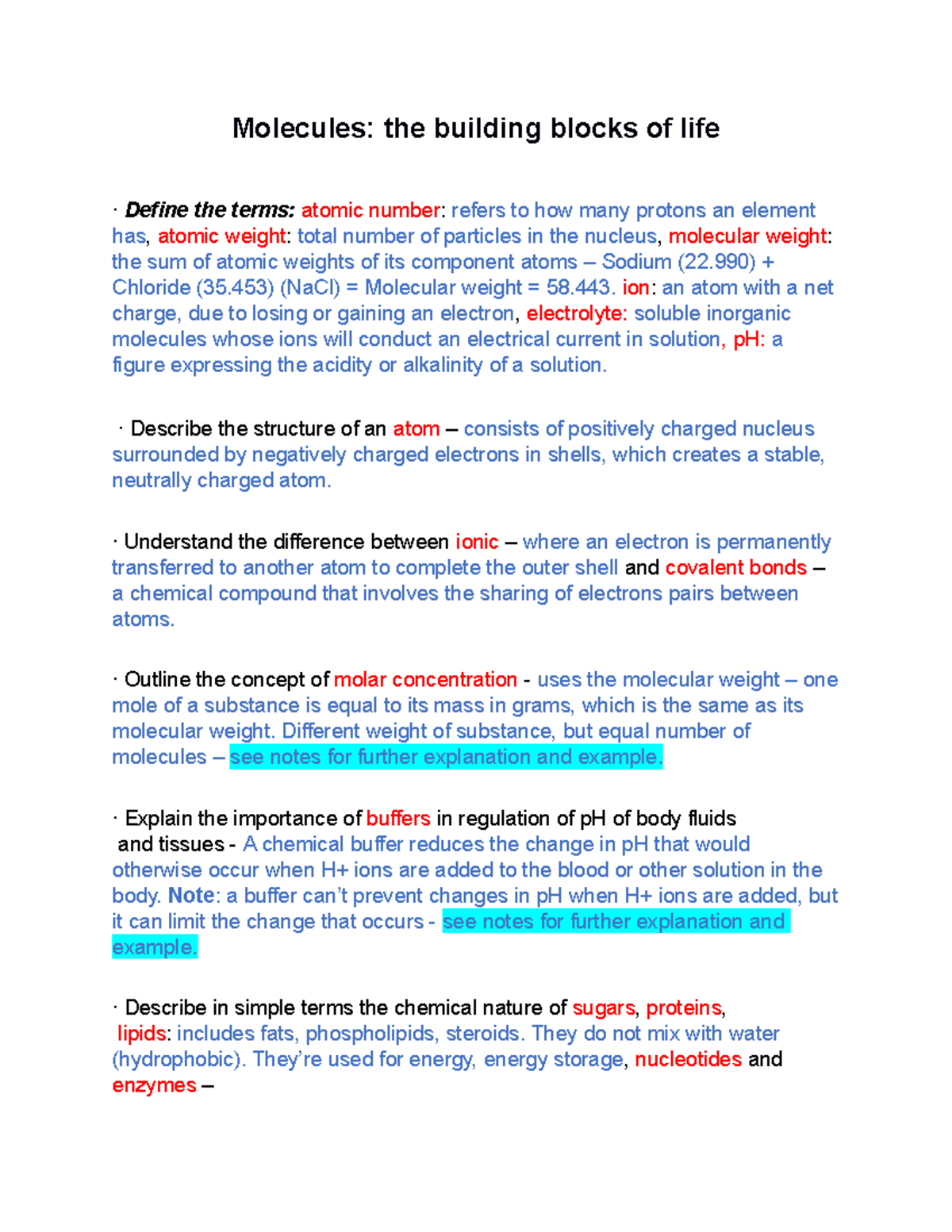 1-11 LO lol - Learning Outcomes 1-11 - Molecules: the building blocks of life · Define the terms ...