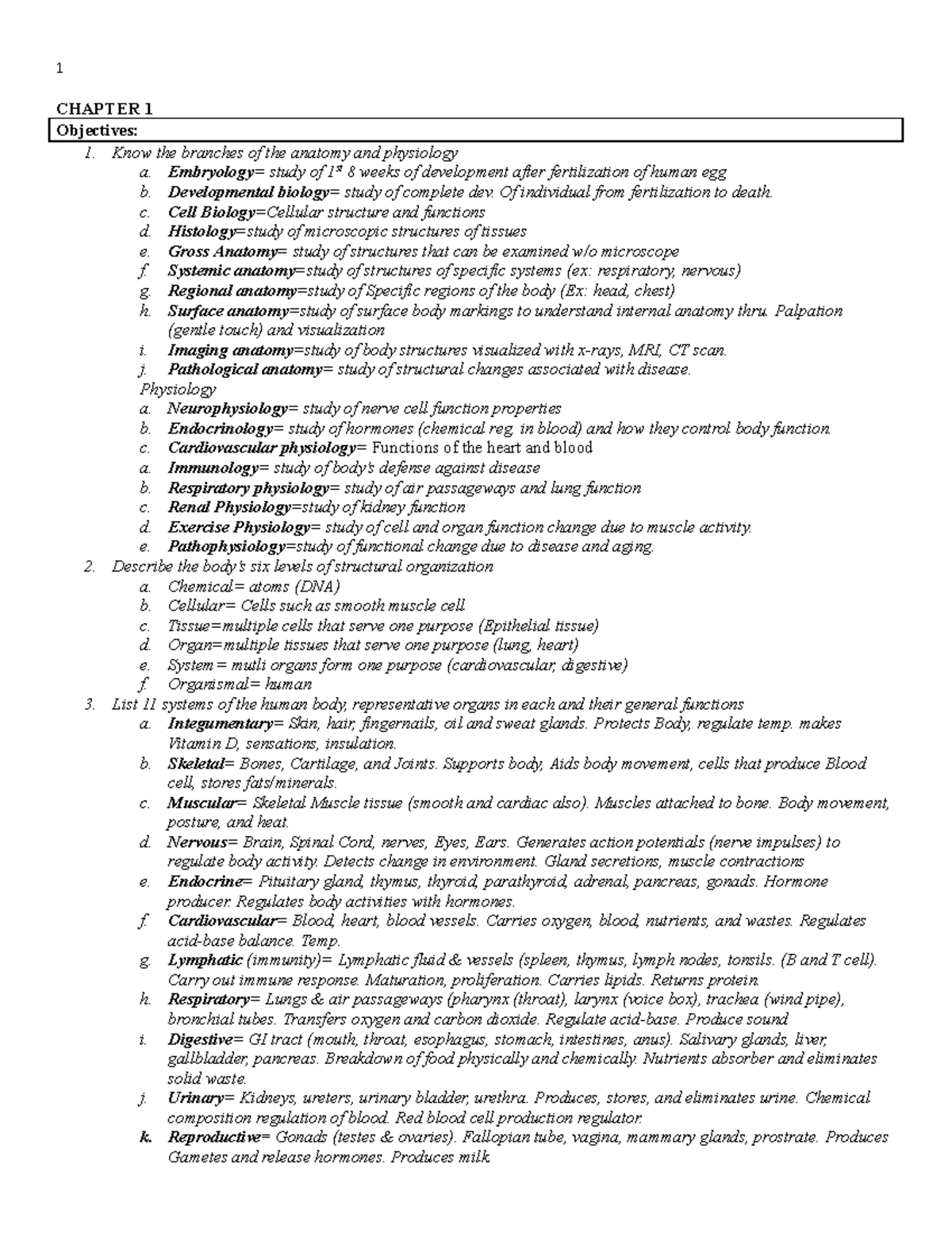 Exam 1-ch01 Introduction to Human Body - 1 CHAPTER 1 Objectives: 1 ...