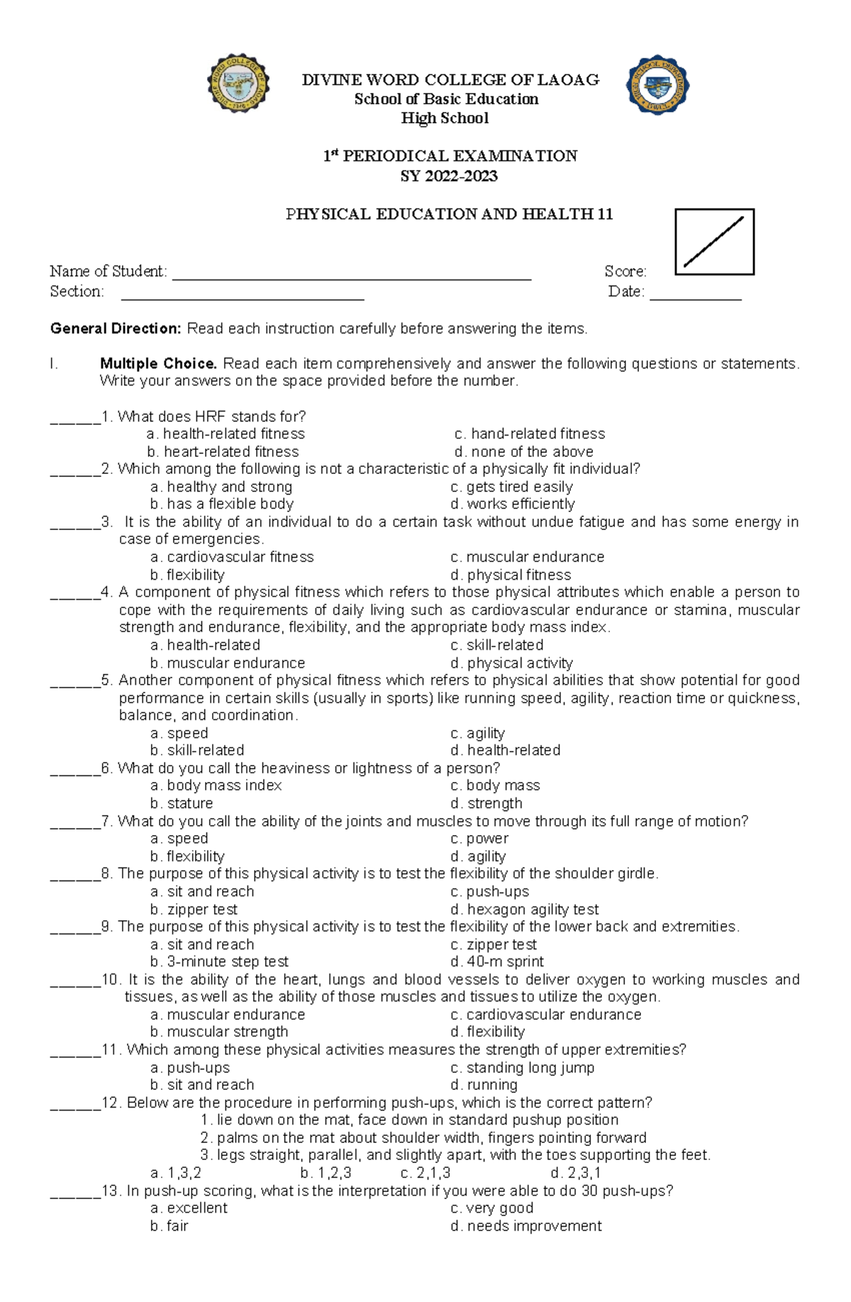 1st Periodical Exam 2022 - DIVINE WORD COLLEGE OF LAOAG School of Basic ...