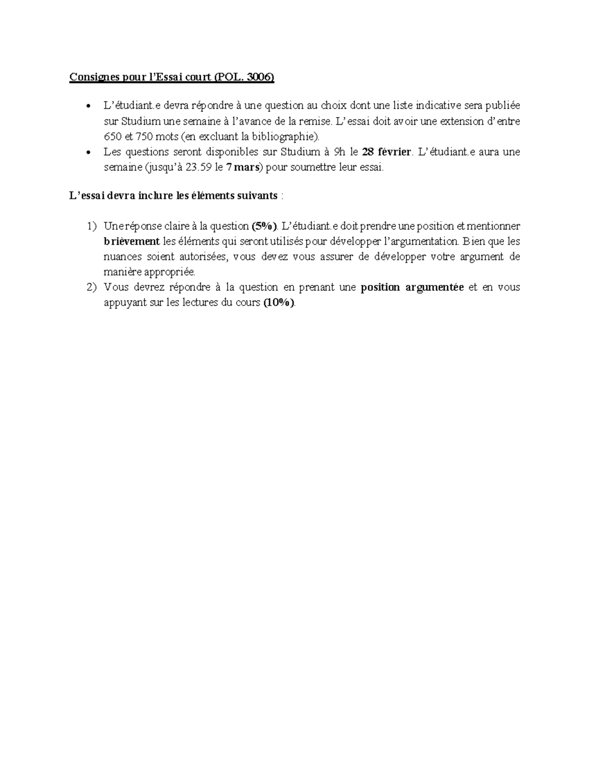 Consignes pour l Essai court - Consignes pour l’Essai court (POL. 3006 ...