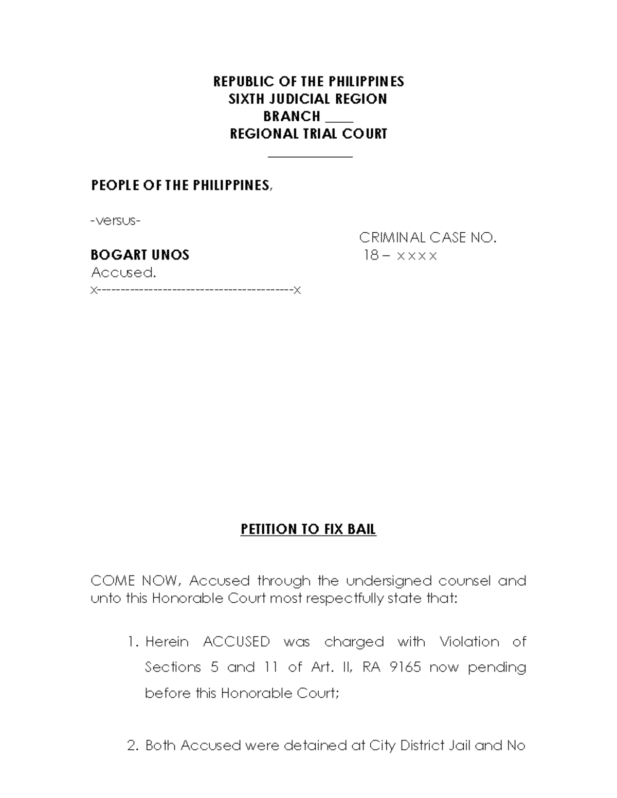 Motion to FIx Bail - REPUBLIC OF THE PHILIPPINES SIXTH JUDICIAL REGION ...