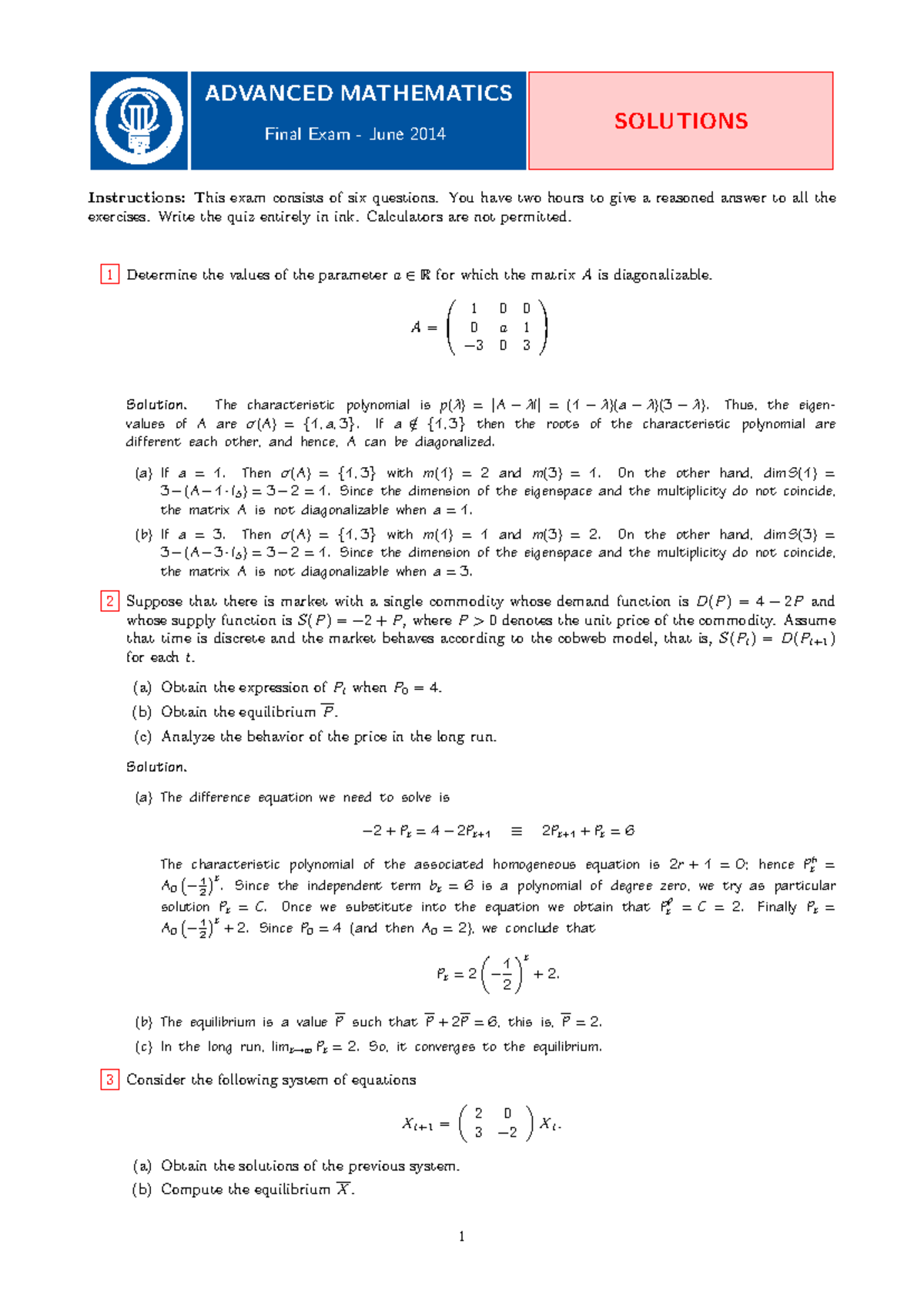 Final JUN2014 SOL - ADVANCED MATHEMATICS Final Exam - June 2014 ...