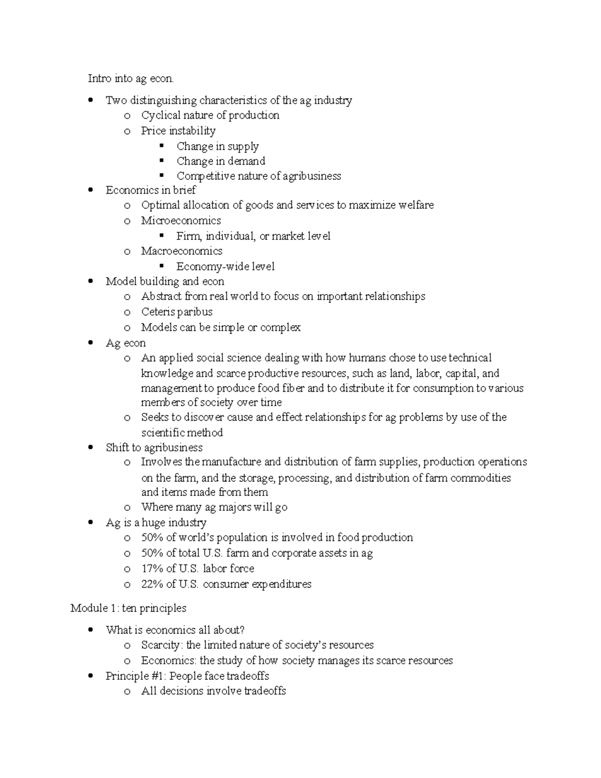 Ag econ - Lecture notes 1 and partial 2 - Intro into ag econ. Two ...