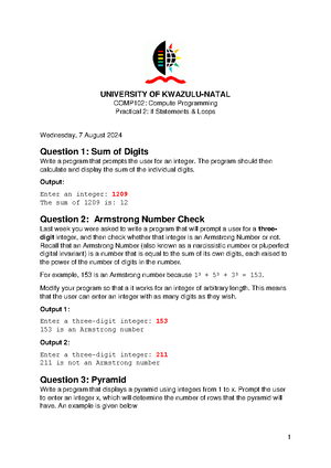 Practical Marking Rubric - UNIVERSITY OF KWAZULU-NATAL COMP102: Compute Programming Practical ...
