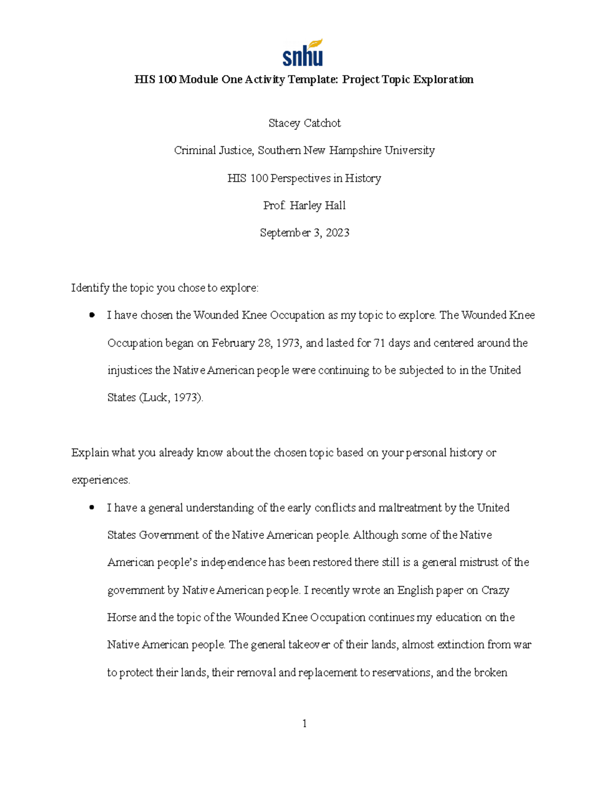 HIS 100 Module One Activity Template (2) - Project Topic Exploration ...