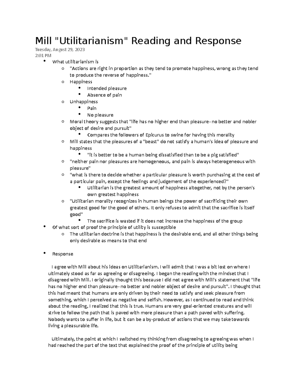 PHL 100- Mill Reading Response - Mill "Utilitarianism" Reading and ...