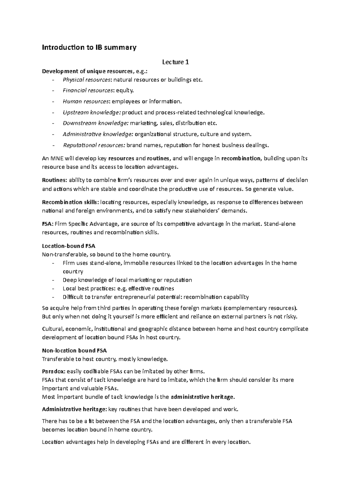 Summary Lecture 1-4 - Introduction to IB summary Lecture 1 Development ...